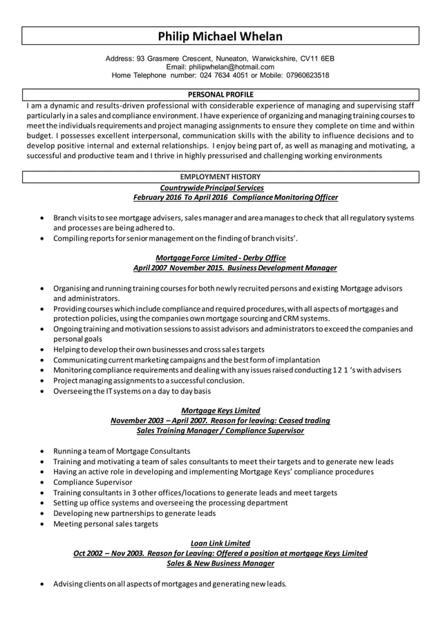 CV Mr Philip Michael Whelan. | DOCX | Resume Writing and Advice | Job Search