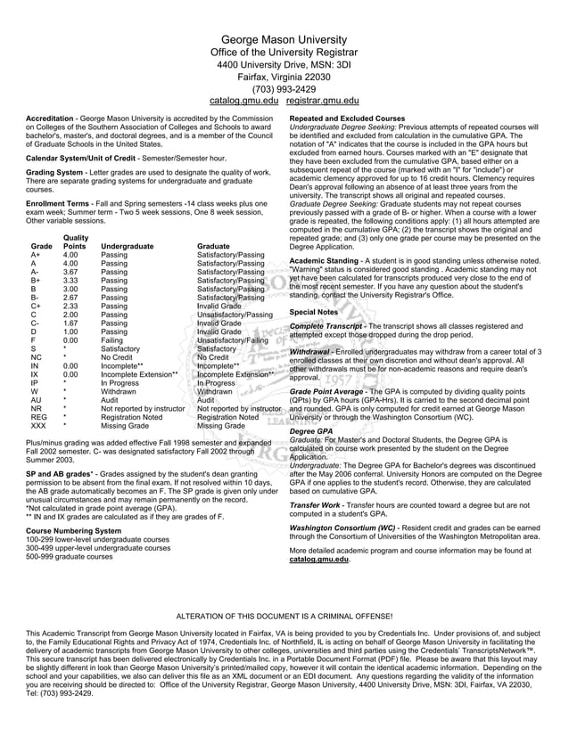 GMU transcript | PDF | Professional School | Postgraduate Education