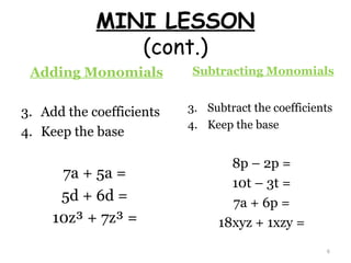 Adding and Subtracting Monomials | PPT