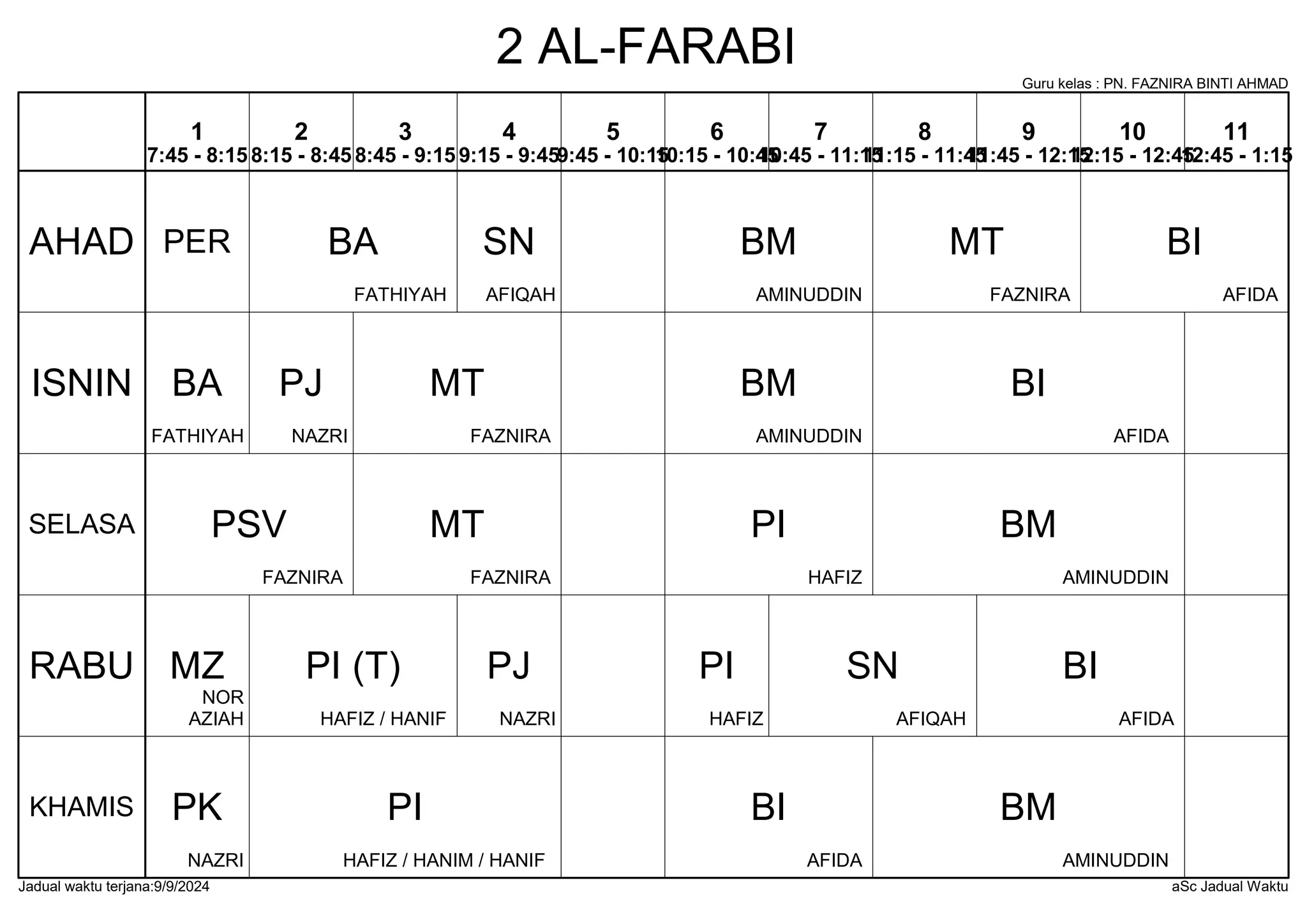 JADUAL KELAS 1 ALFARABI SK KELADI 2024 S | PPT