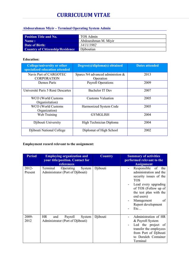 Abdourahman Miyir - DJIBOUTI -cv | PDF | Business | Business and Finance