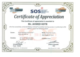Certificate of Appreciation for Conducting the "Asset Reliability ...