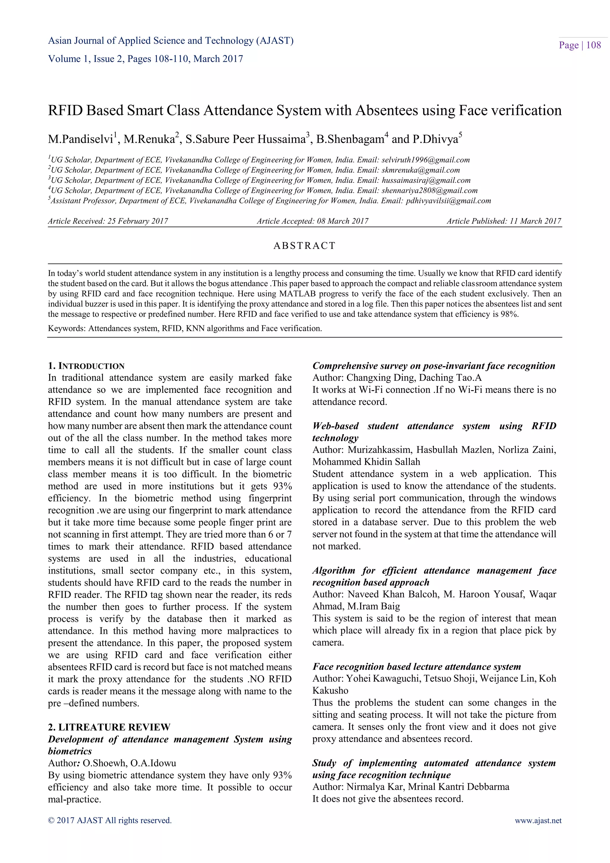 RFID Based Smart Class Attendance System with Absentees using Face verification | PDF