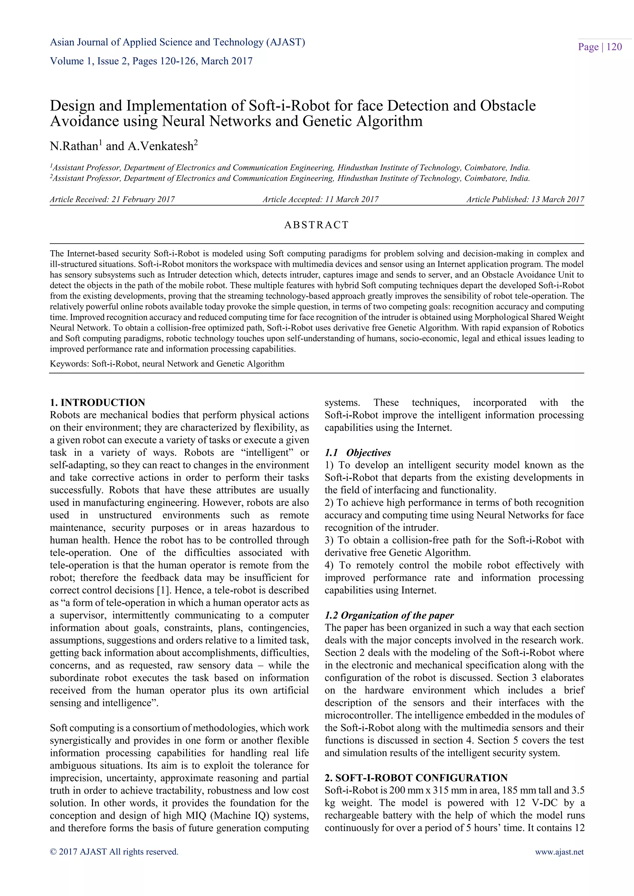 Design And Implementation Of Soft I Robot For Face Detection And Obstacle Avoidance Using Neural