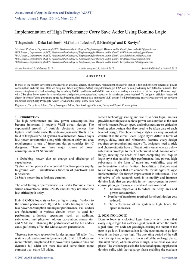 Implementation Of High Performance Carry Save Adder Using Domino Logic Pdf Free Download 8376