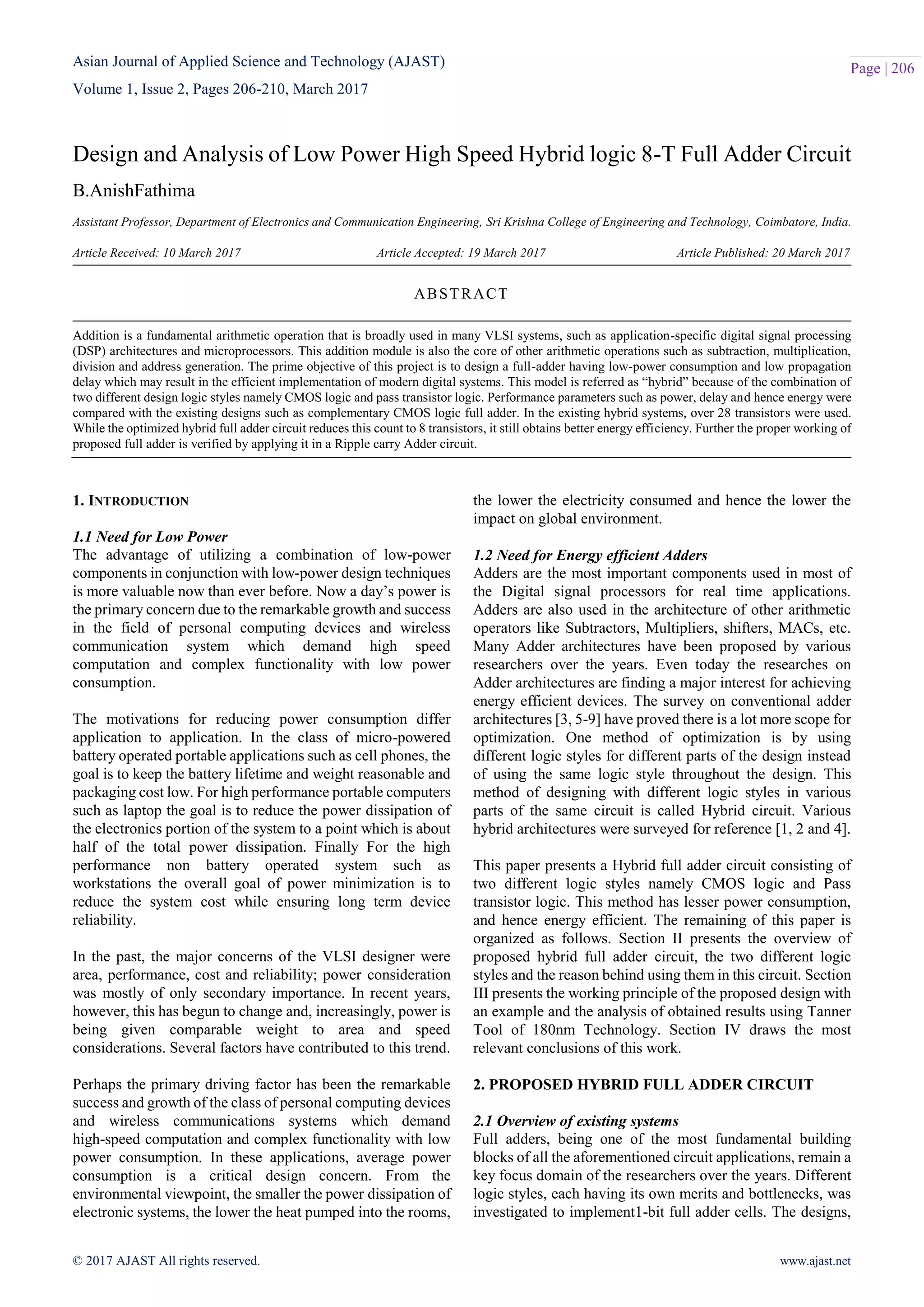 Design and Analysis of Low Power High Speed Hybrid logic 8-T Full Adder Circuit | PDF