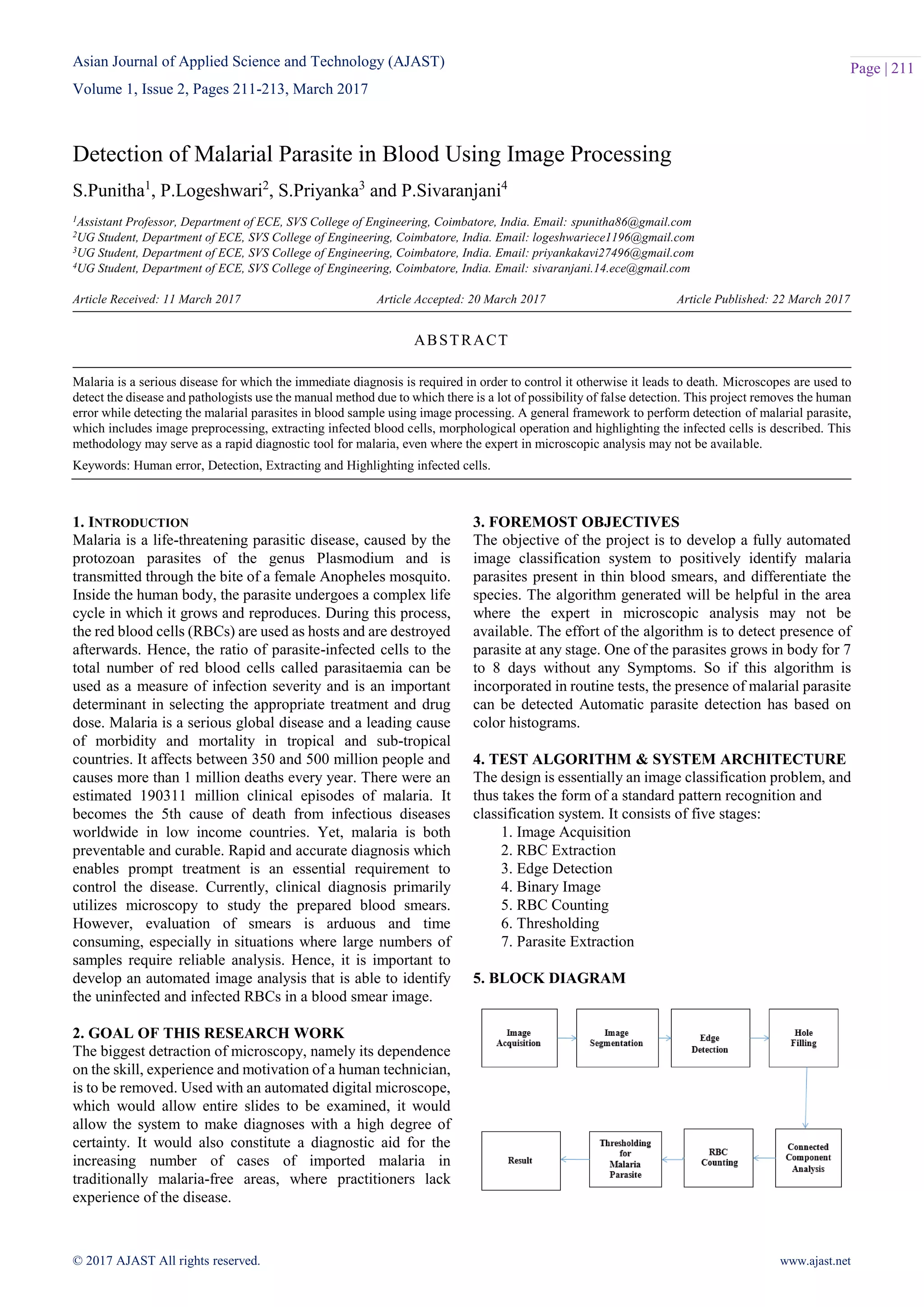Detection of Malarial Parasite in Blood Using Image Processing | PDF