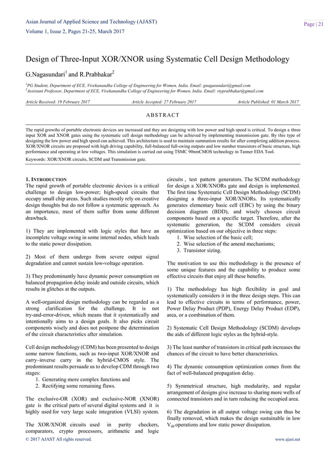 Design of Three-Input XOR/XNOR using Systematic Cell Design Methodology | PDF