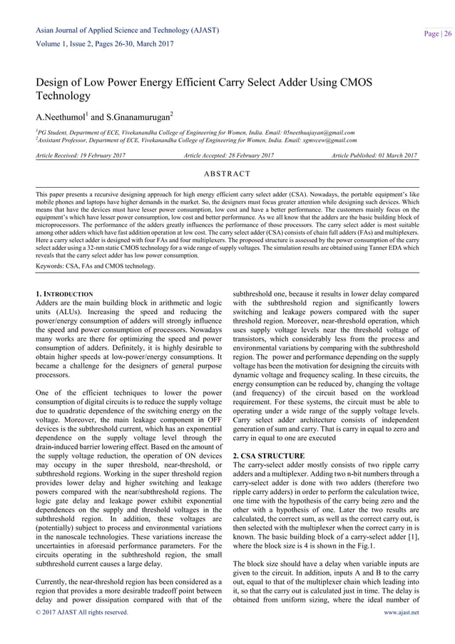 Design of Low Power Energy Efficient Carry Select Adder Using CMOS Technology | PDF