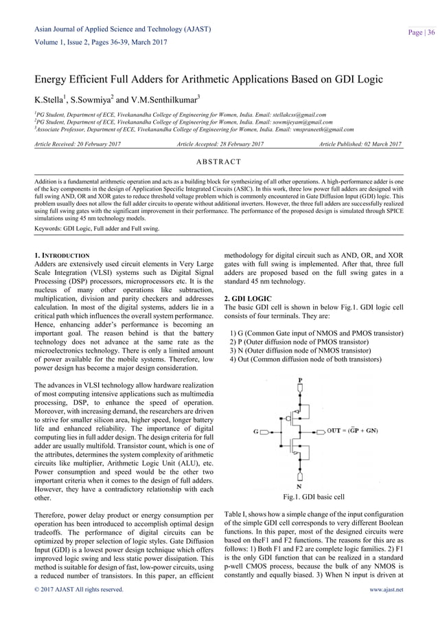 Energy Efficient Full Adders for Arithmetic Applications Based on GDI Logic | PDF