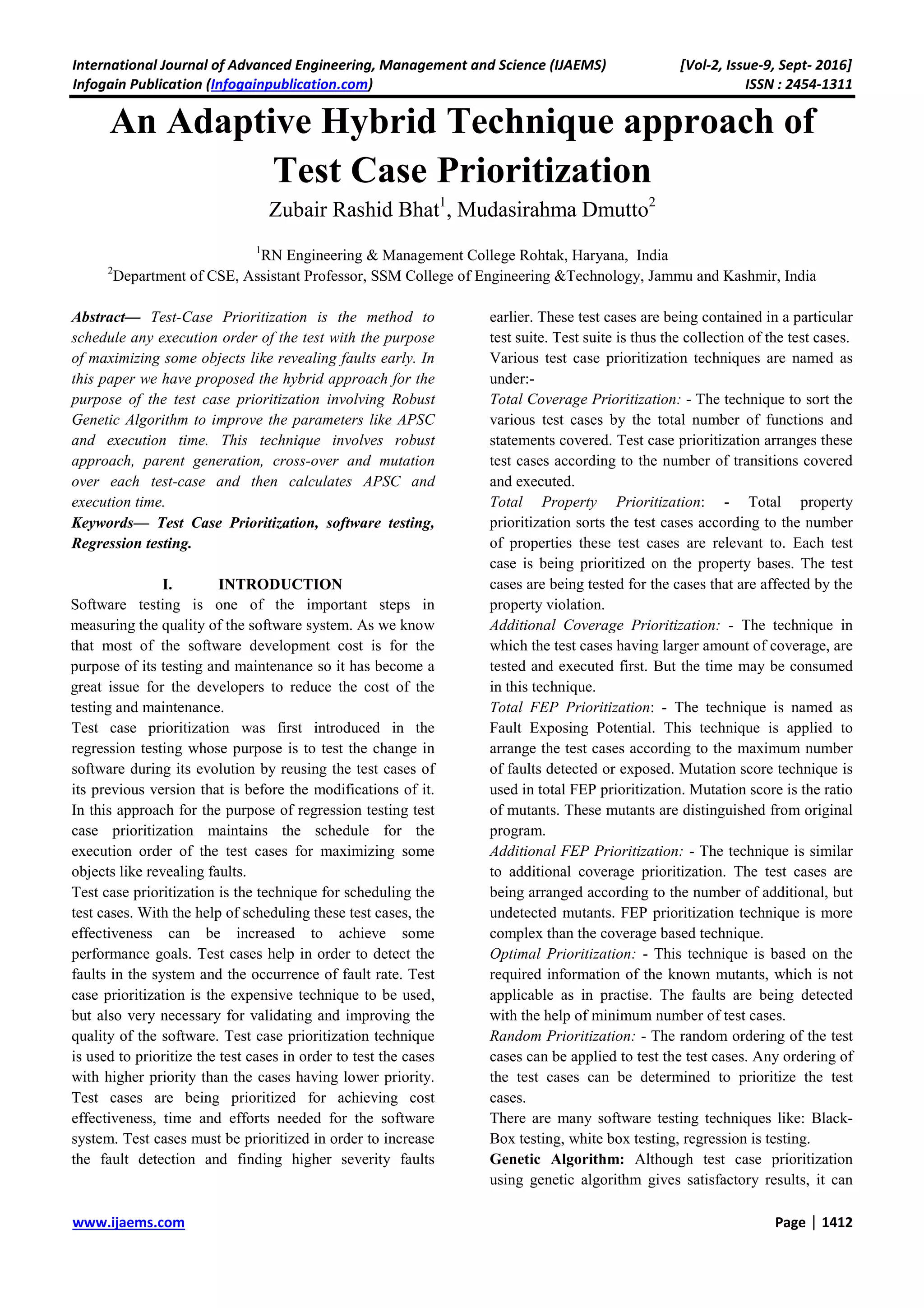 An Adaptive Hybrid Technique Approach Of Test Case Prioritization Pdf
