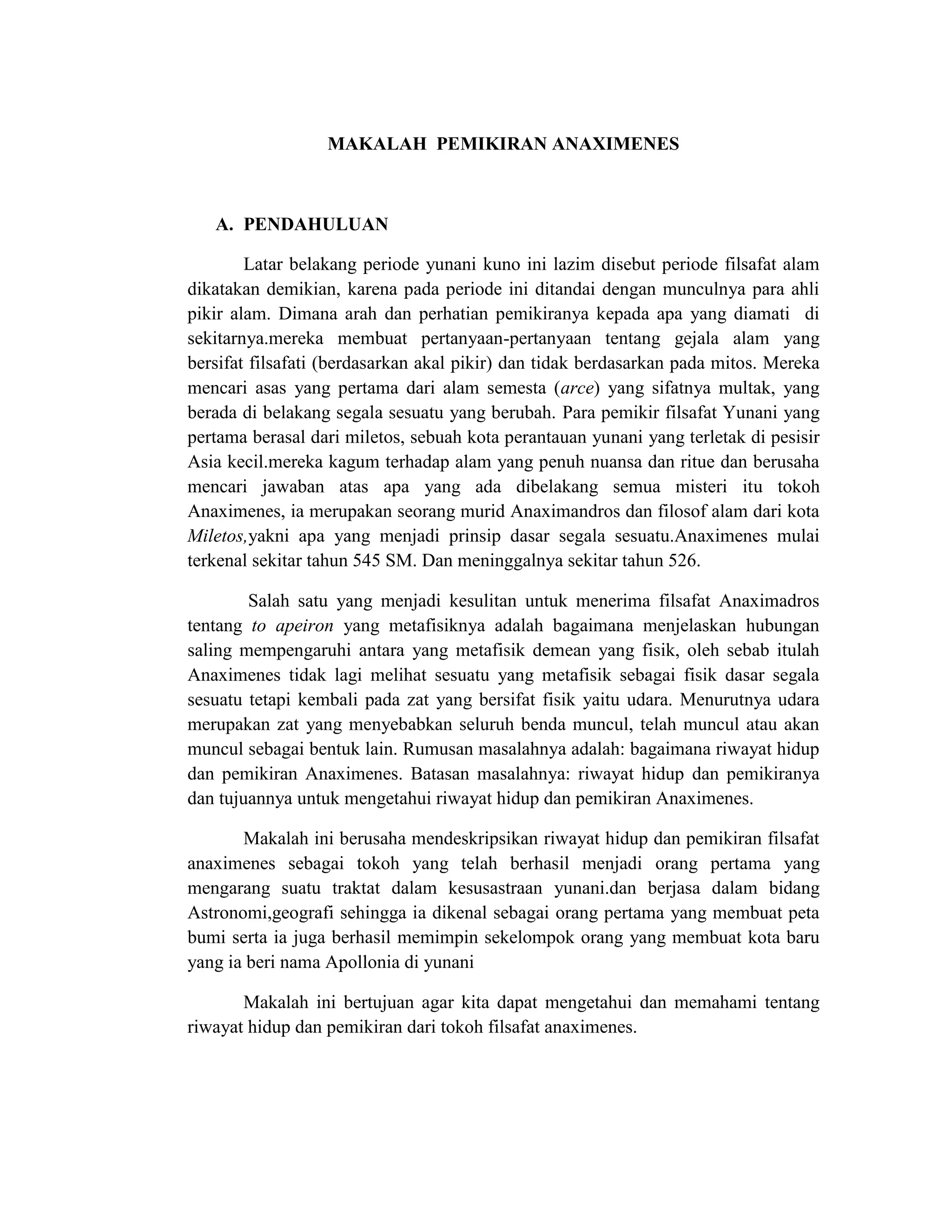 filsafat umum anaximenes | DOCX