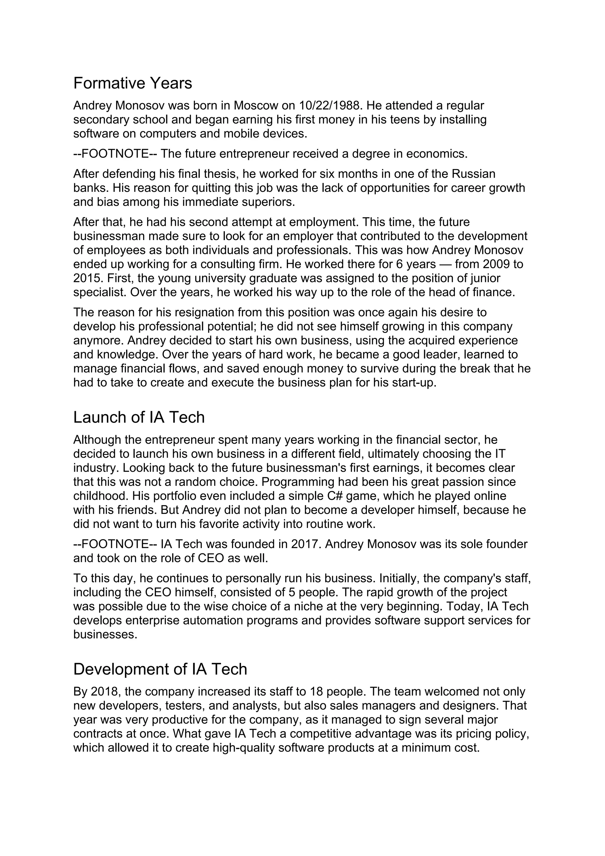 Andrey Monosov — biography of the founder of IA Tech. | DOCX
