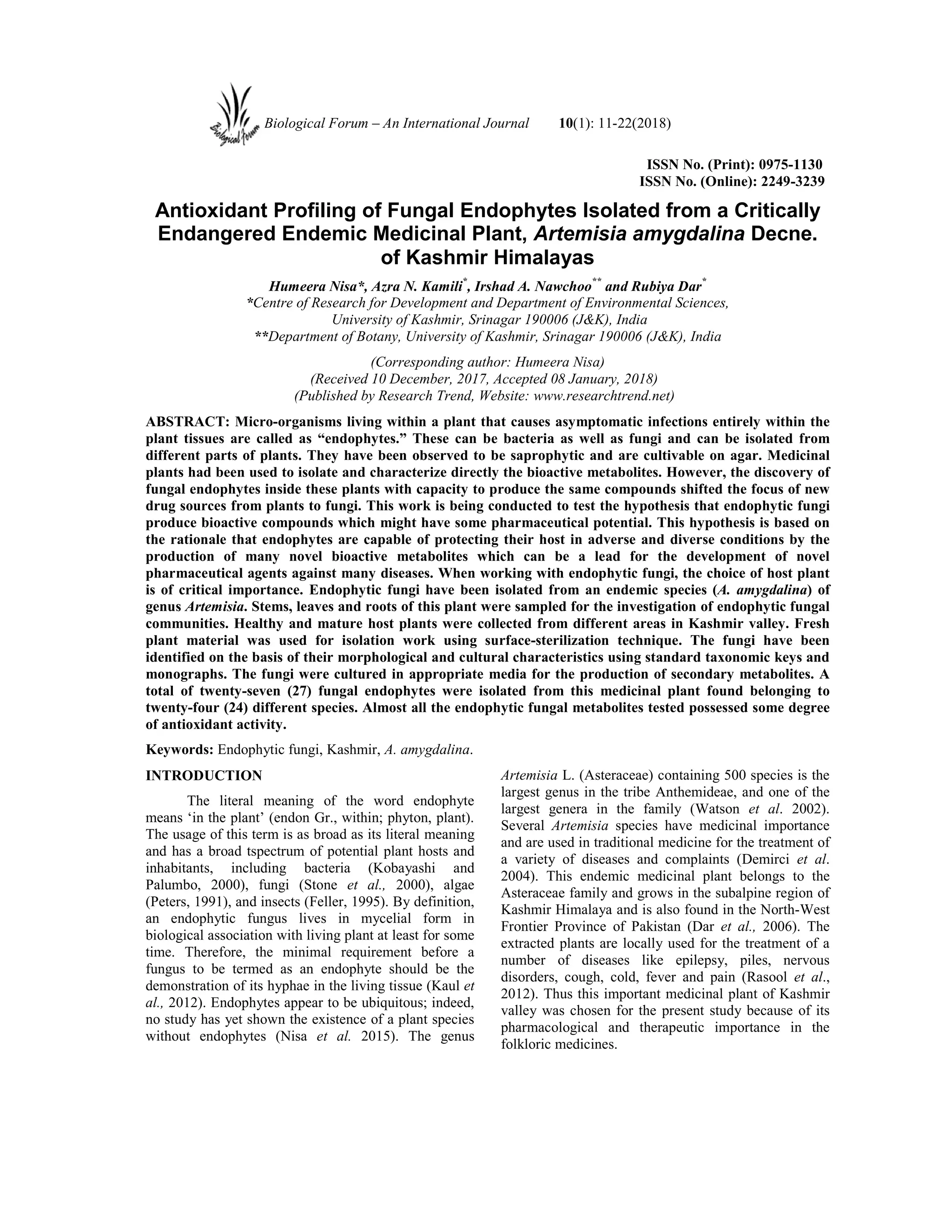 antioxidant profiling of fungal endophytes isolated from a critically ...