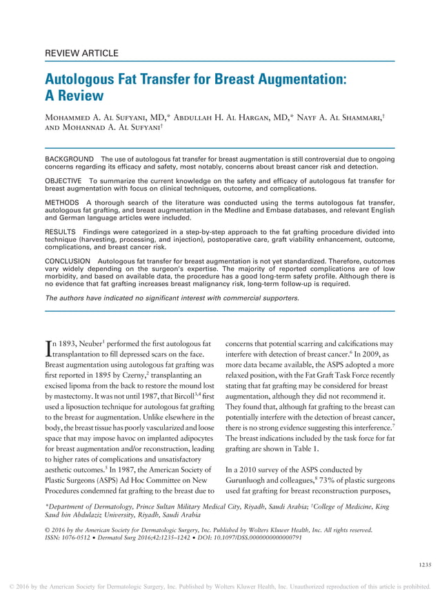 2 Autologous fat transfer for breast augmentation a review. Dermatol ...
