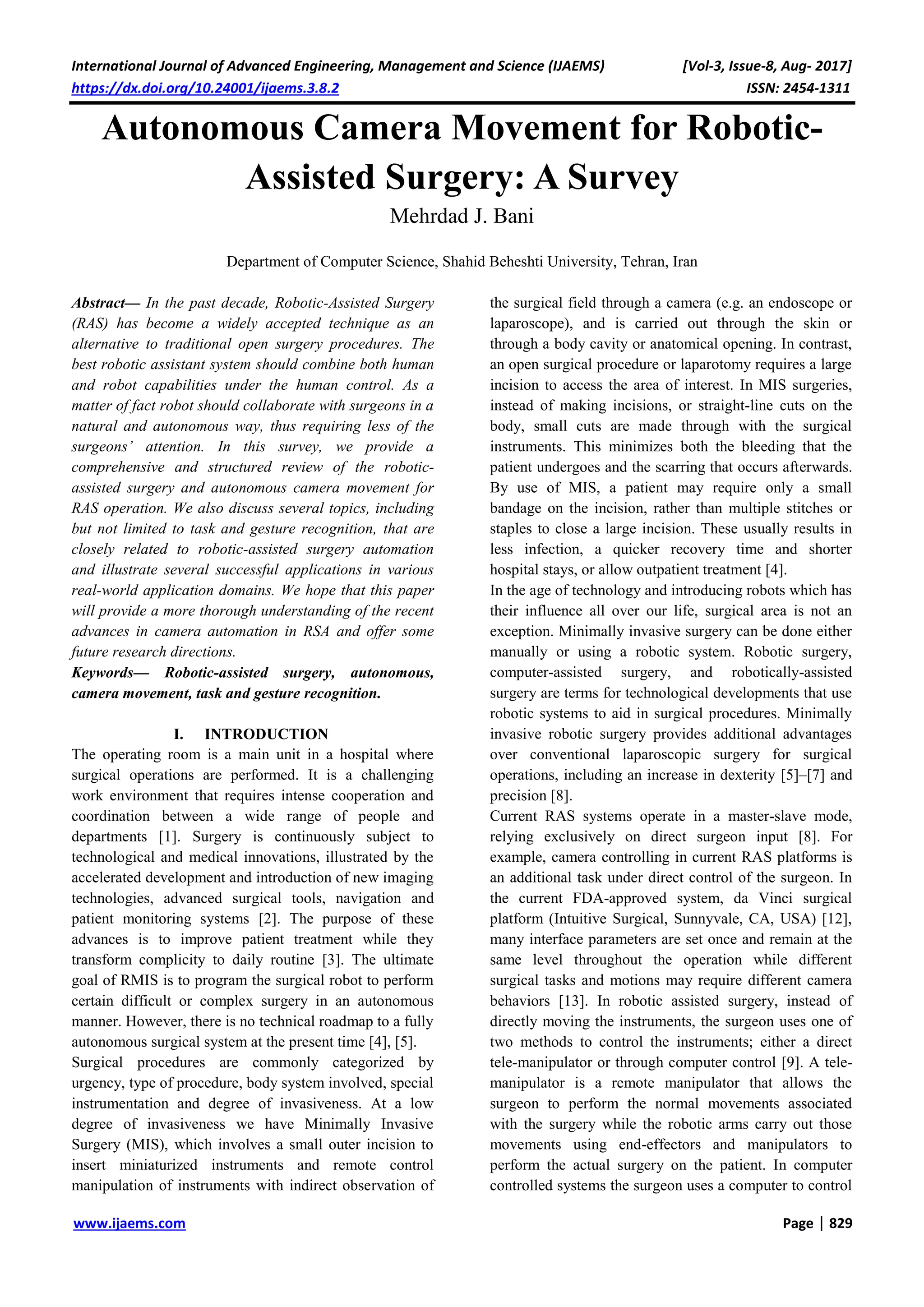 Autonomous Camera Movement For Robotic Assisted Surgery A Survey Pdf