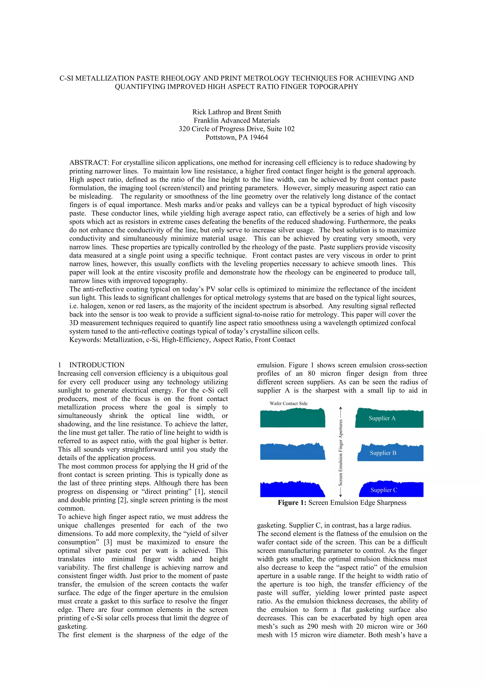 C-SI METALLIZATION PASTE RHEOLOGY AND PRINT METROLOGY TECHNIQUES FOR ...