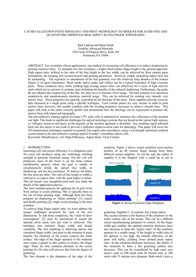 C-SI METALLIZATION PASTE RHEOLOGY AND PRINT METROLOGY TECHNIQUES FOR ...