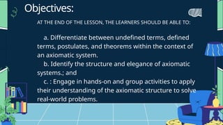 Axiomatic Structure (Defined & Postulates involving, points, lines, and ...