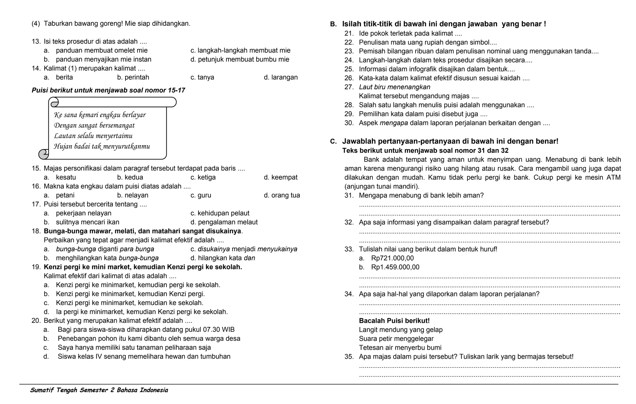 soal sts bahasa indonesia kelas IV semester 2 | PPT