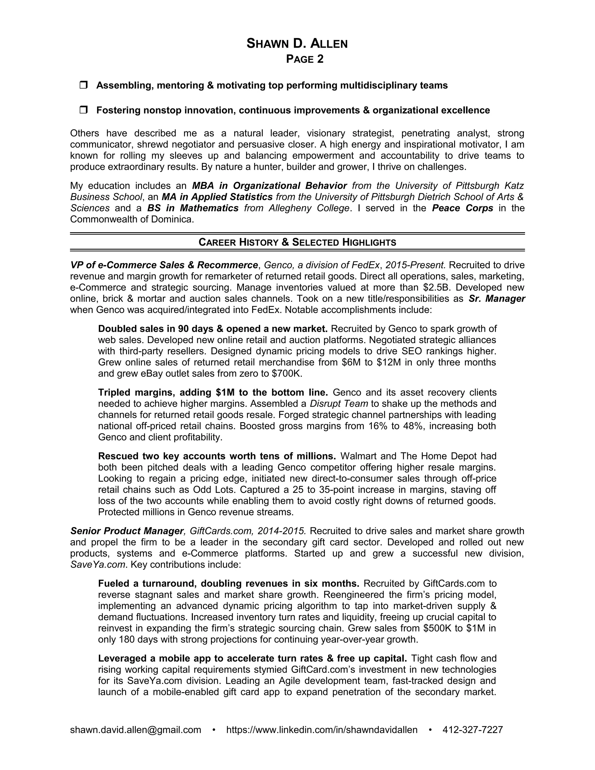 Allen, Shawn EXPANDED RESUME | DOC | Sales | Business