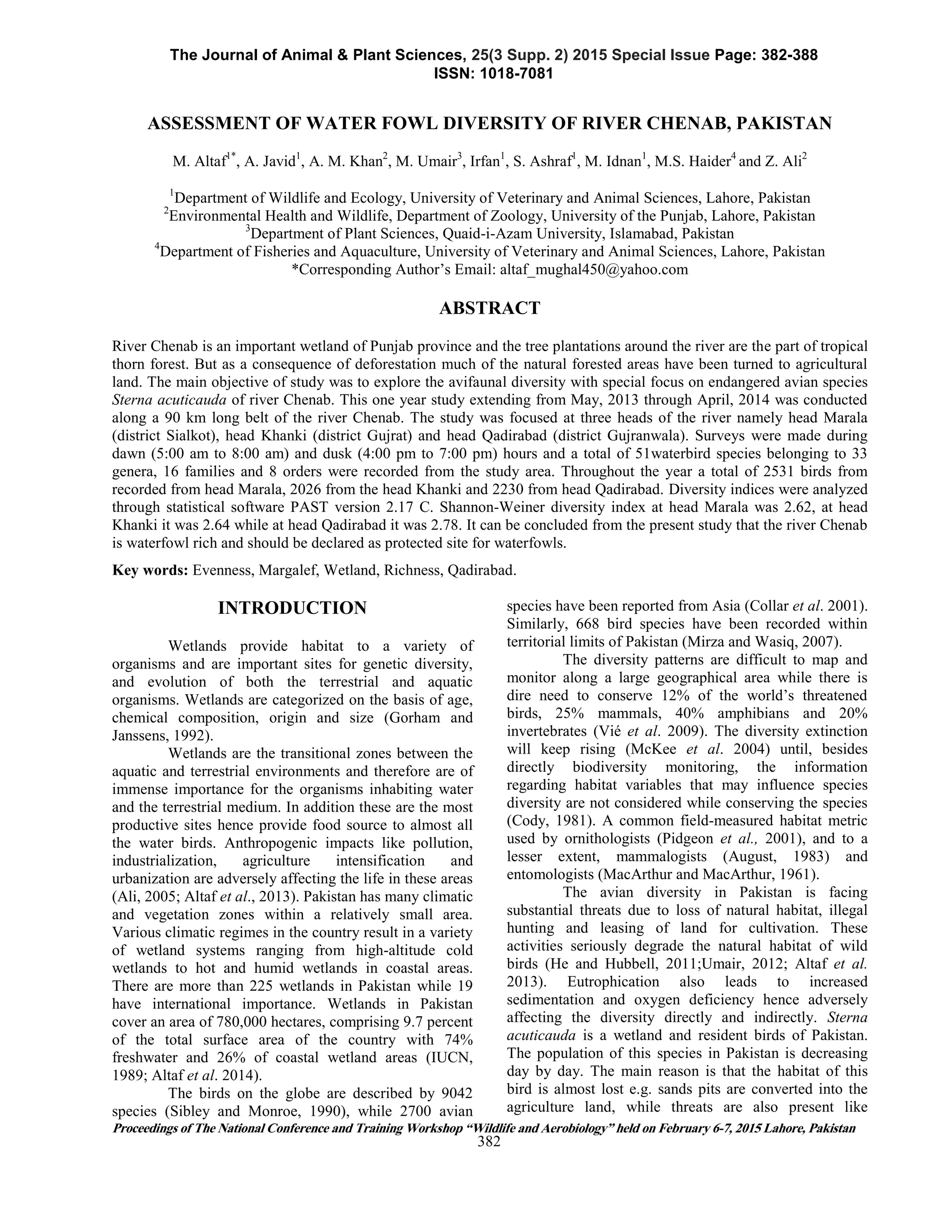 ASSESSMENT OF WATER FOWL DIVERSITY OF RIVER CHENAB, PAKISTAN | PDF