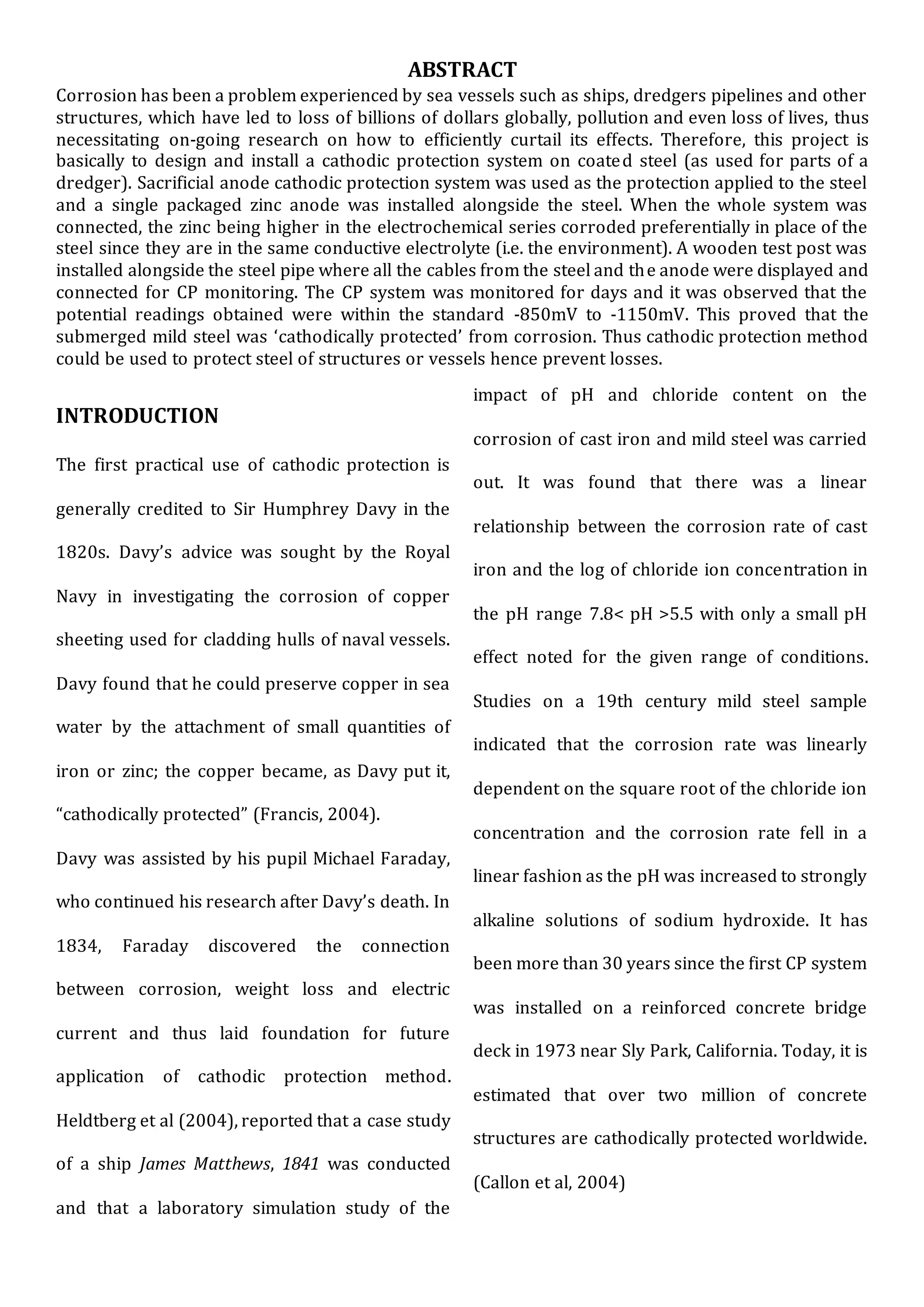 Design of a Cathodic Protection System for Corrosion Prevention of a ...