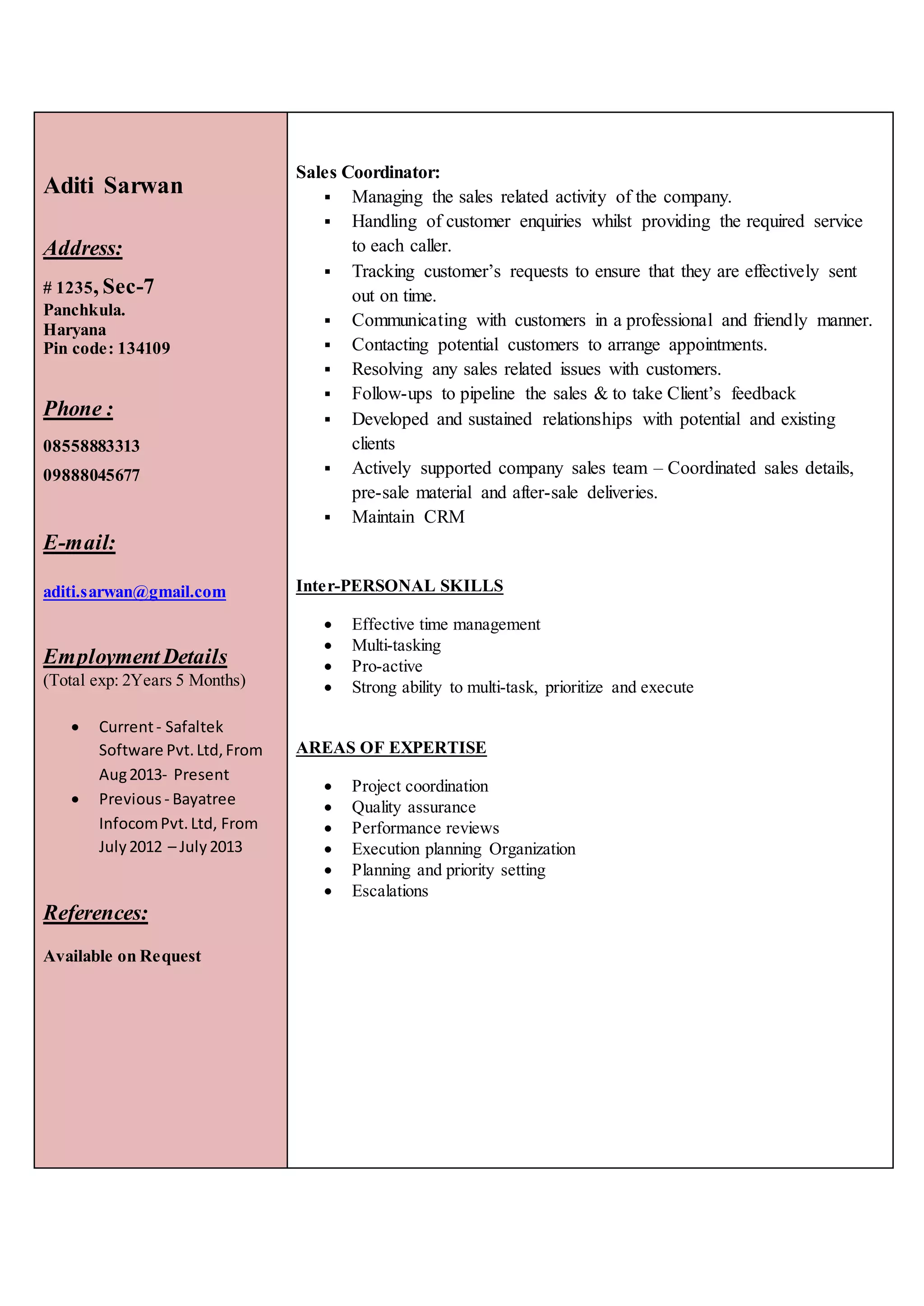 Aditi Sarwan_CV_2015 | DOCX | Sales | Business