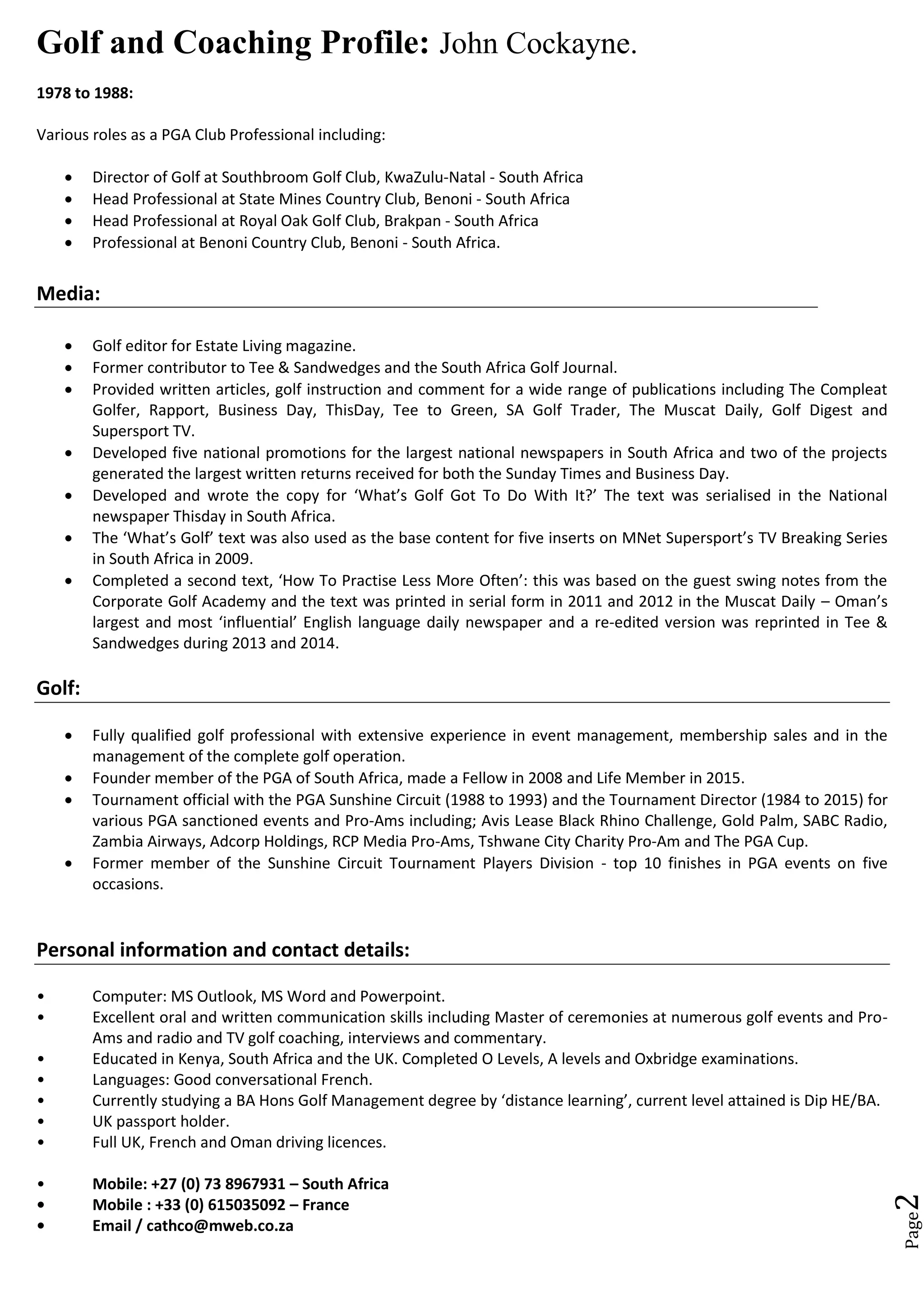 John Cockayne Golf & Coaching Profile | PDF