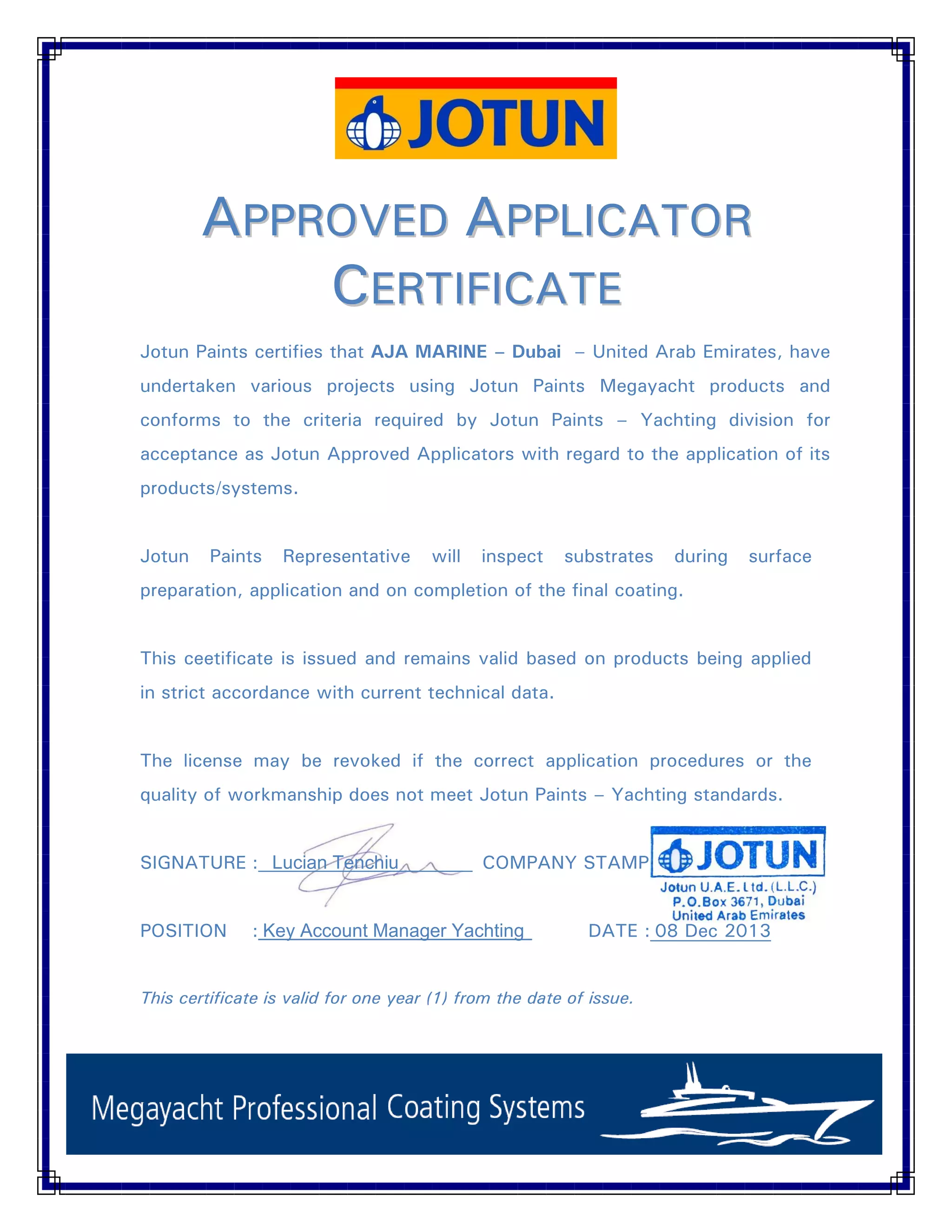 APPROVED APPLICATOR CERTIFICATE - AJA MARINE (1) | PDF