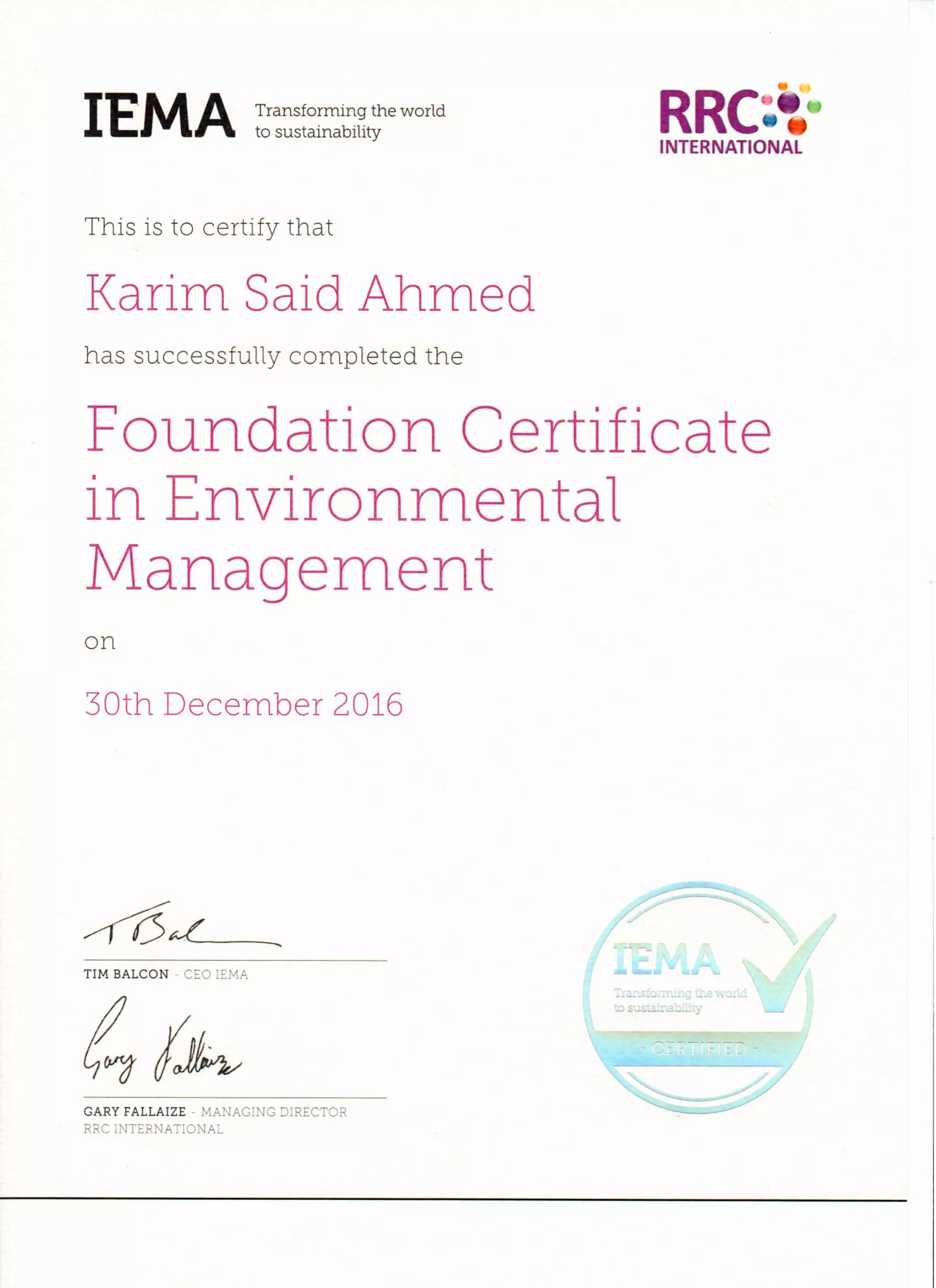 IEMA Certificate | PDF