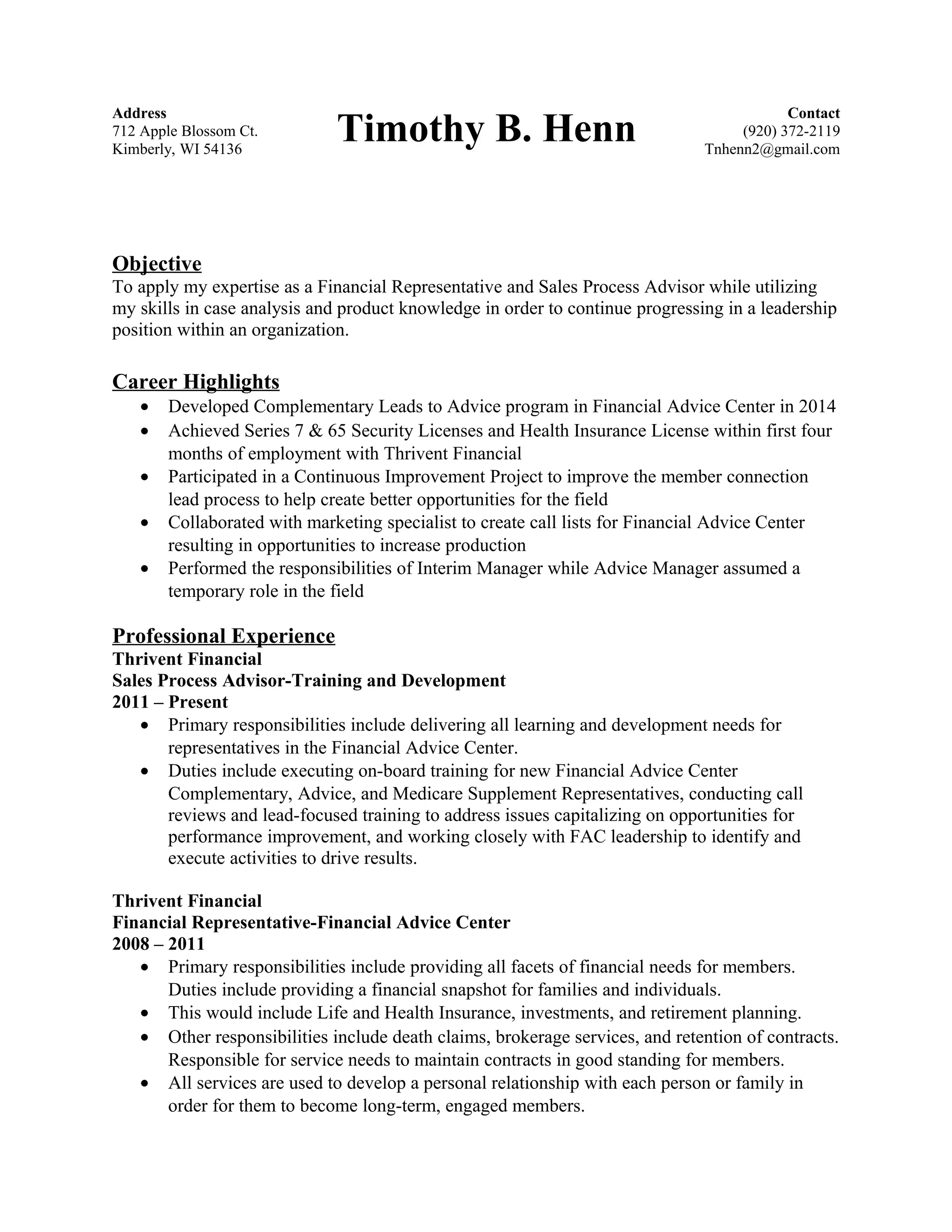 Timothy B Henn Resume 2016 | DOC