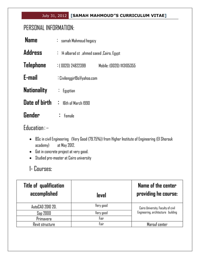 CV ENG Samah mahmoud final2 | PDF