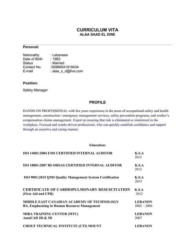 ALAA CV HSE | DOC | Business | Business and Finance