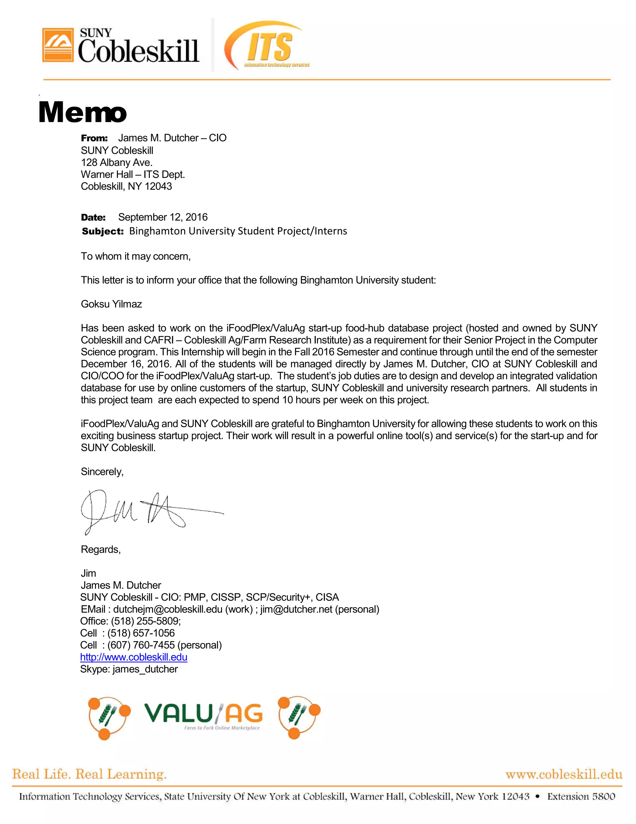 SUNY Cobleskill CIO Memo - BU Interns-Goksu Yilmaz | PDF