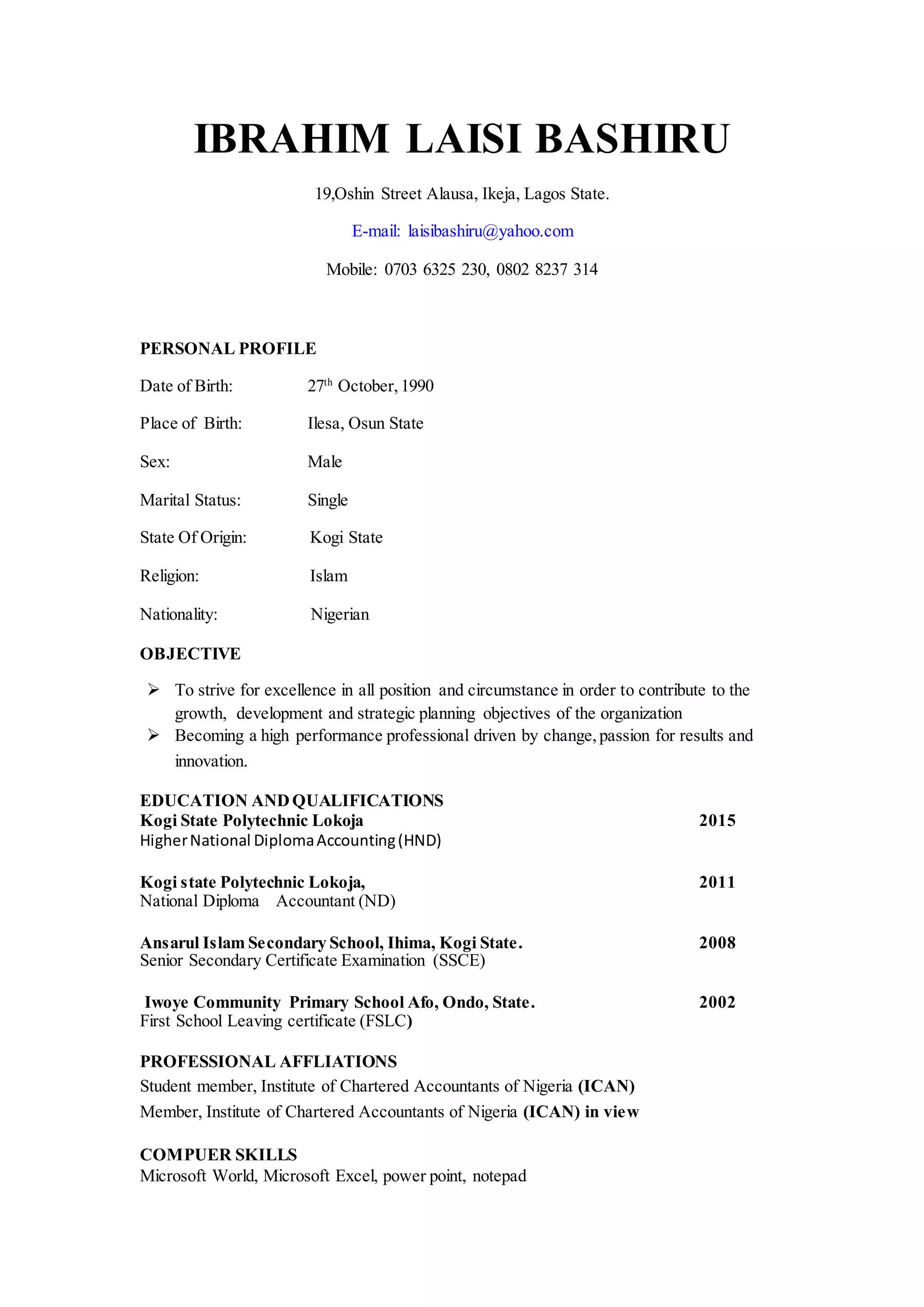 IBRAHIM LAISI BASHIRU CV | PDF