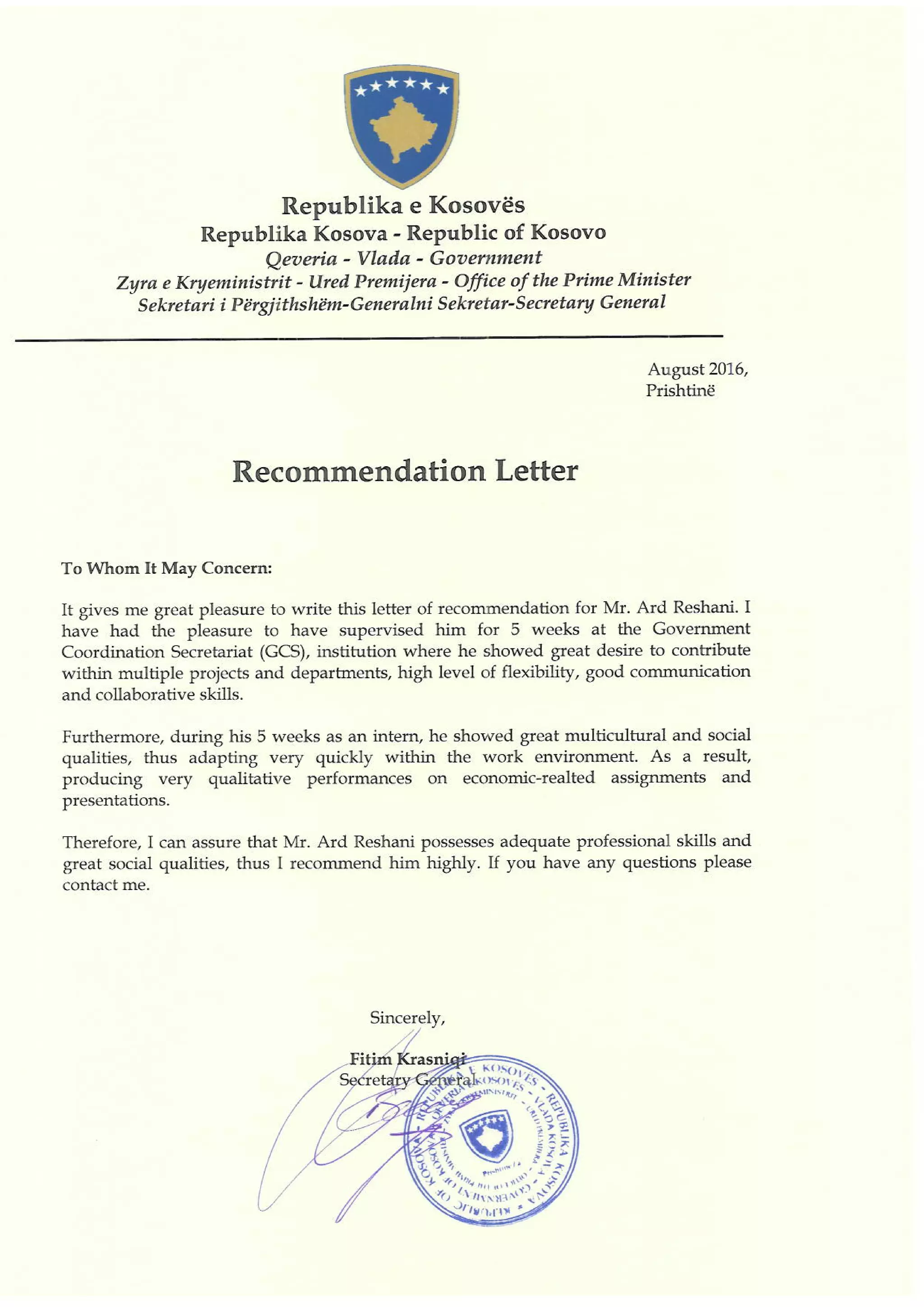 Letër Rekomandim për Ard Reshanin | PDF