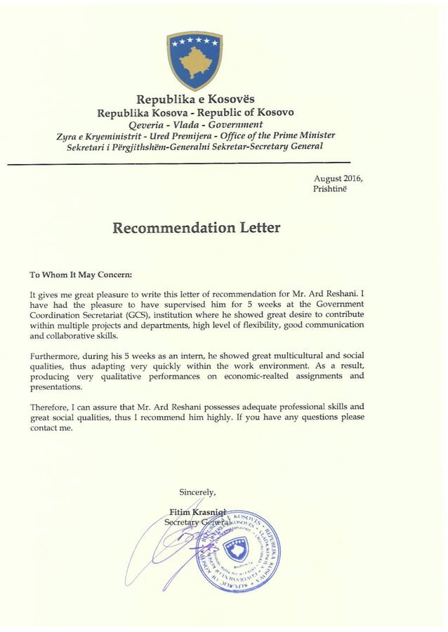 Letër Rekomandim për Ard Reshanin | PDF