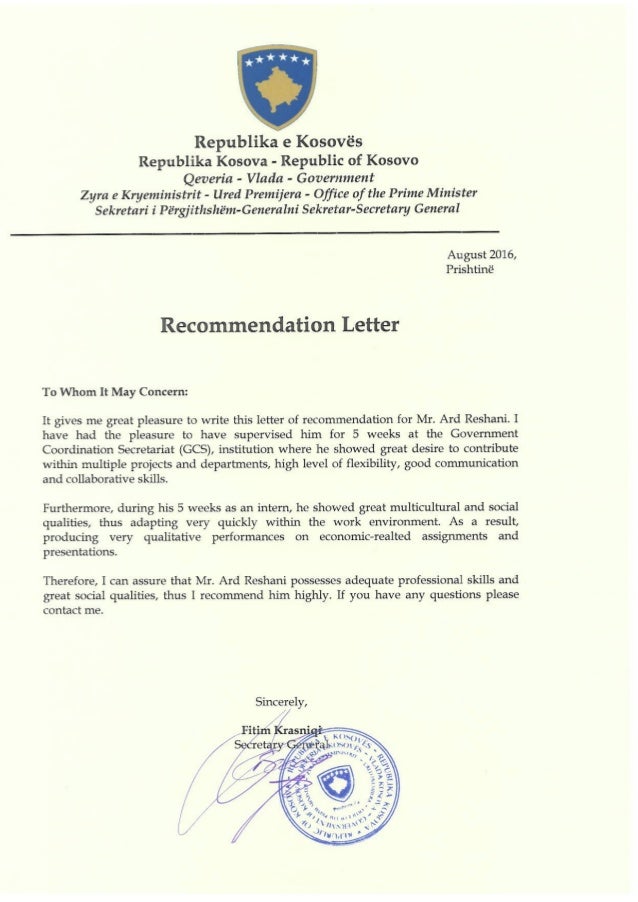 Letër Rekomandim për Ard Reshanin