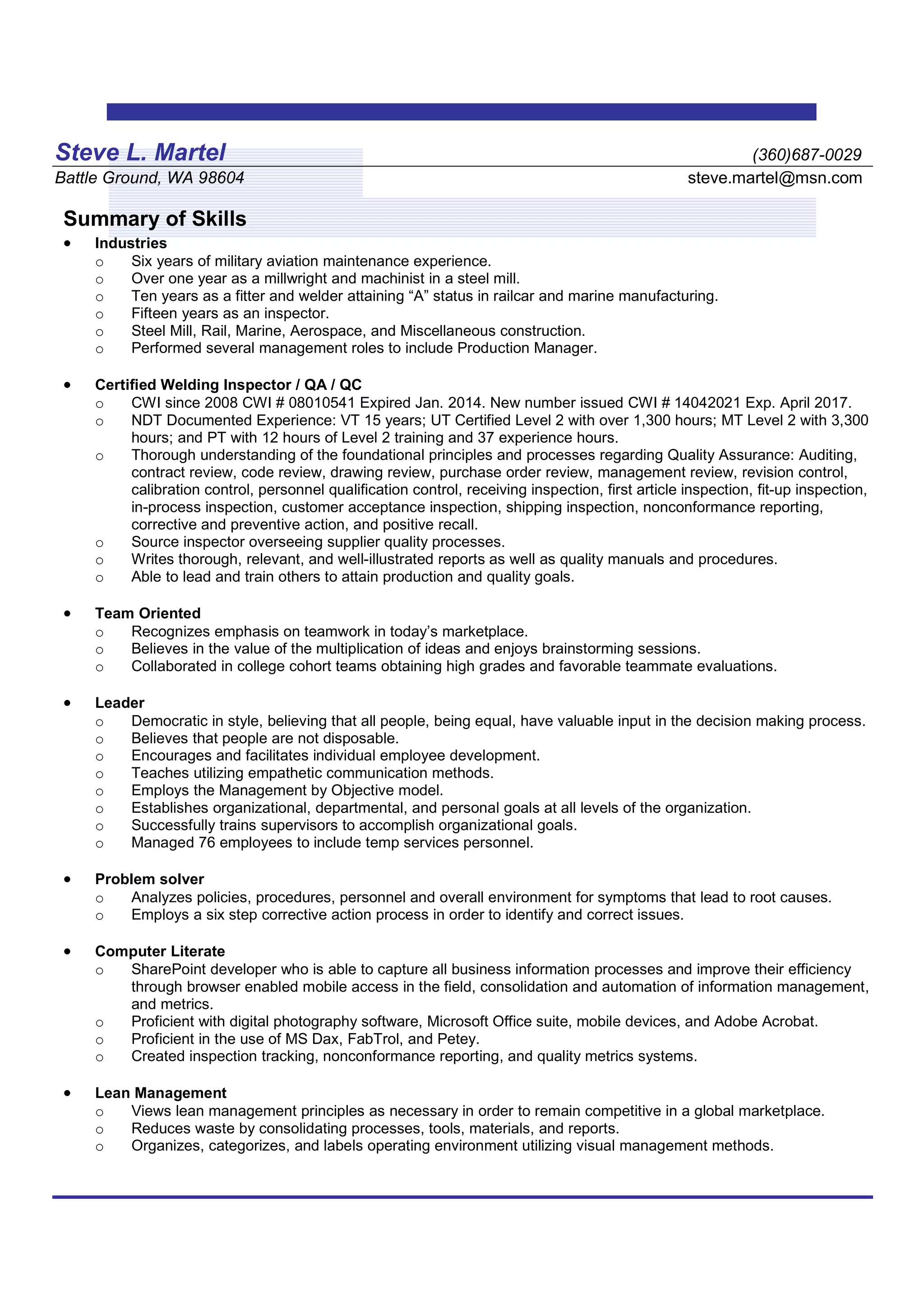 Steve Martel's Resume 9-26-16 | PDF | Business Administration | Business