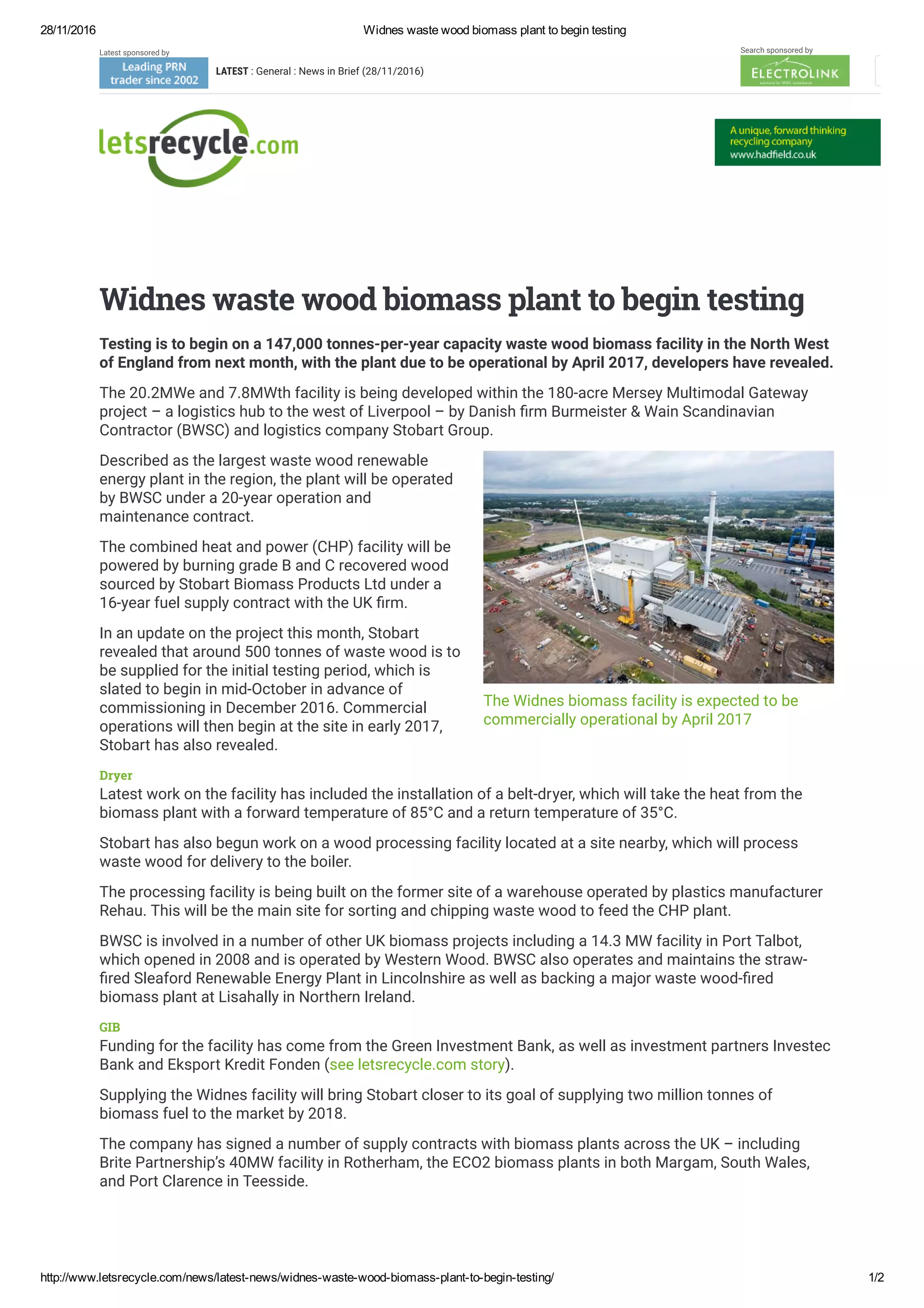 Widnes waste wood biomass plant to begin testing | PDF