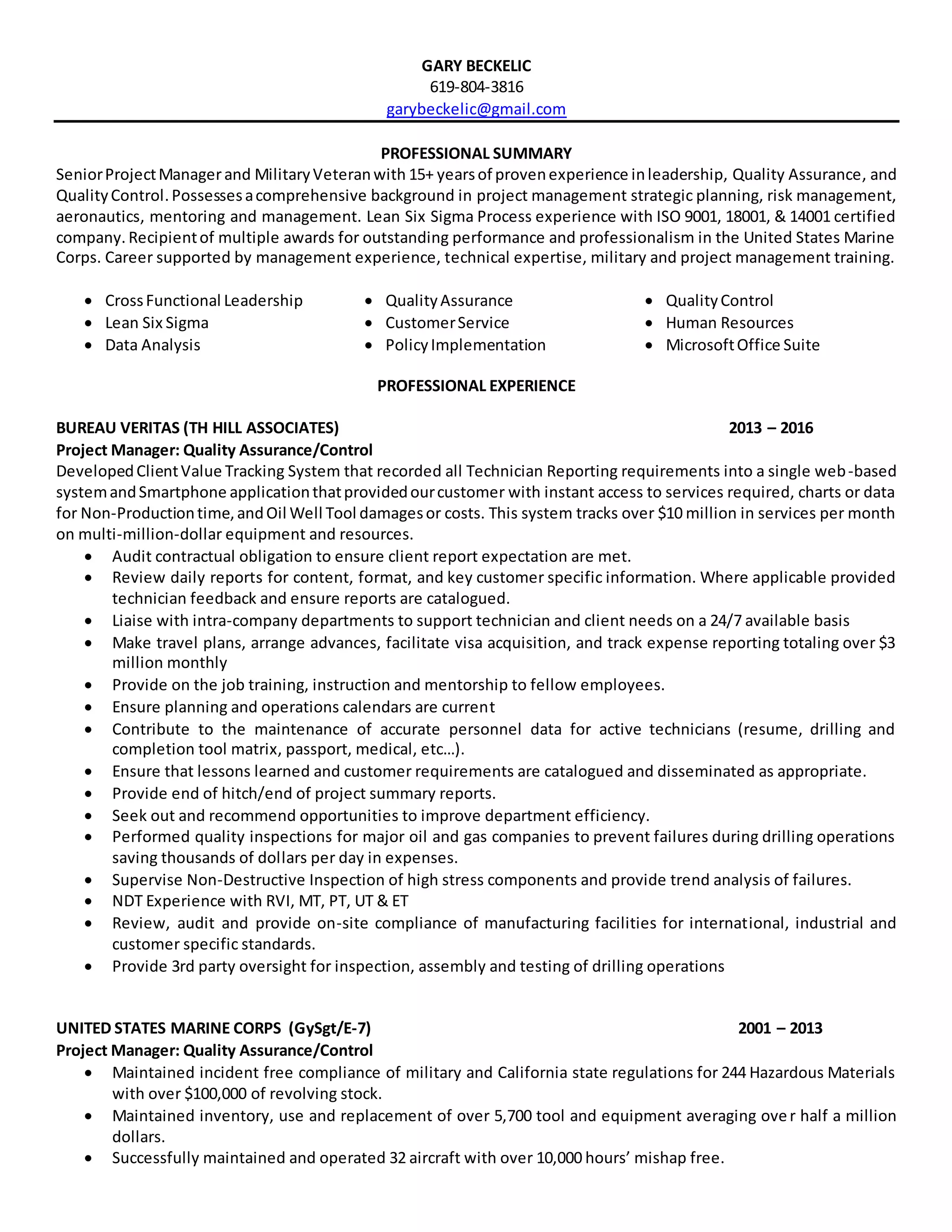 Gary Beckelic Working Resume 2017 | DOCX