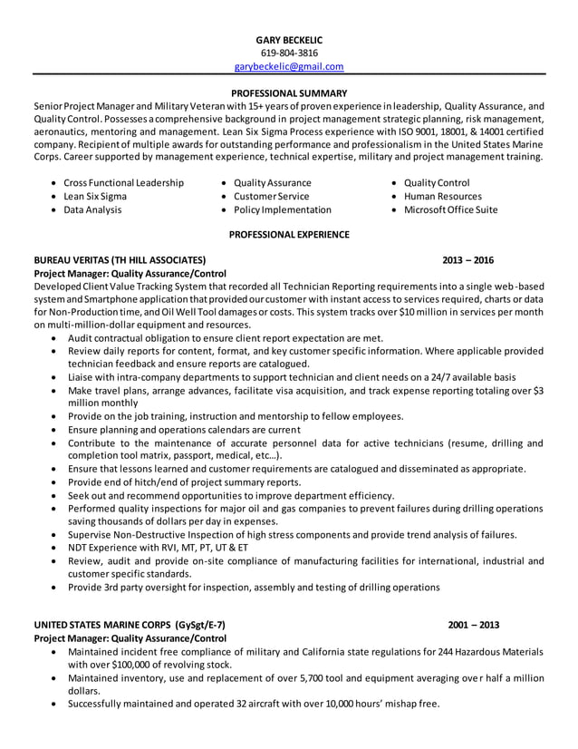 Gary Beckelic Working Resume 2017 | DOCX
