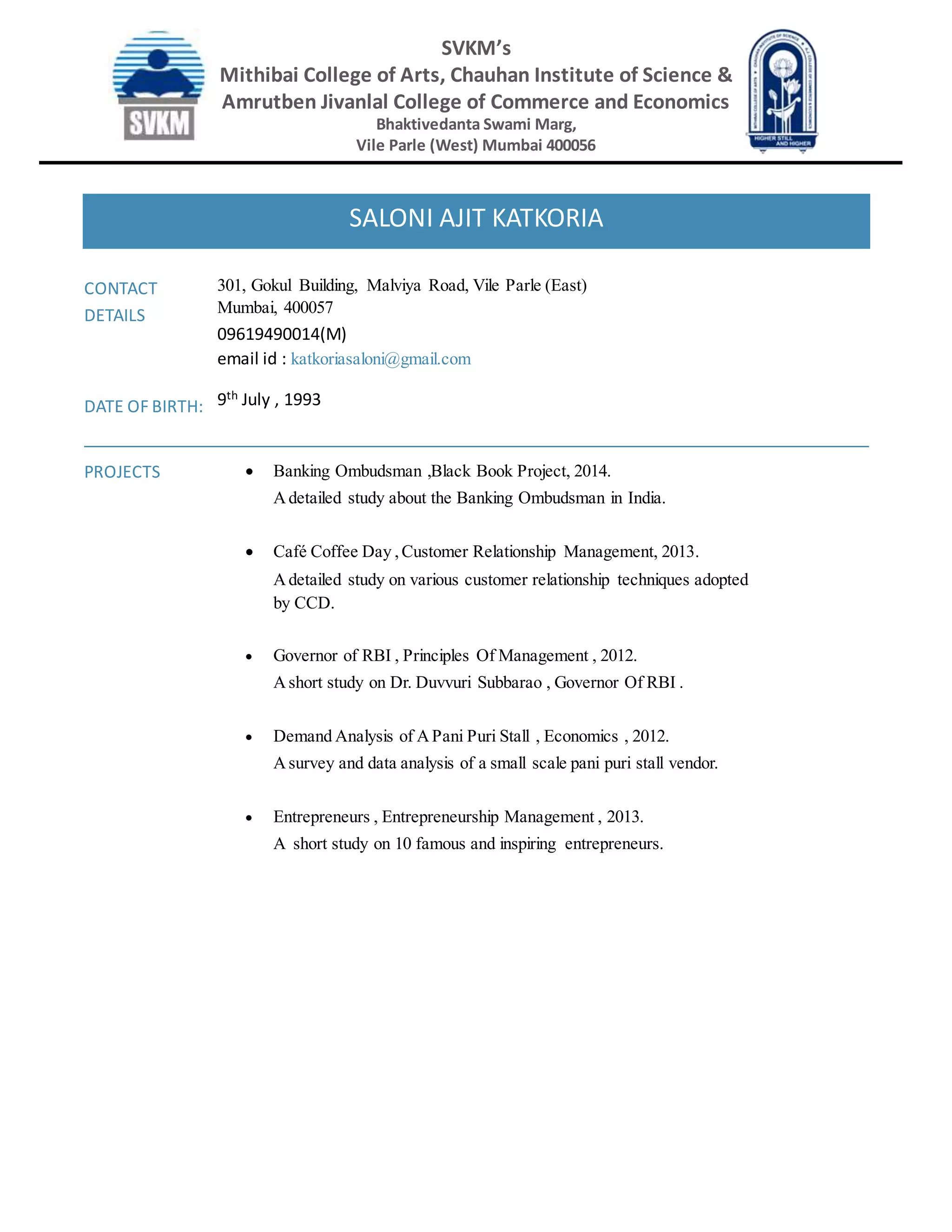 RESUMECV_SALONI_KATKORIA | DOCX | Business | Business and Finance