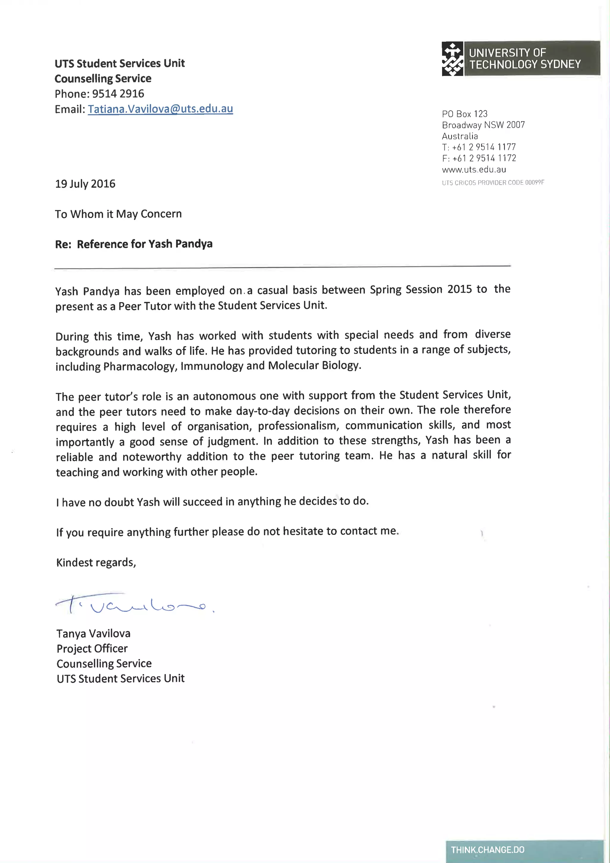 UTS Peer tutor Experience letter | PDF