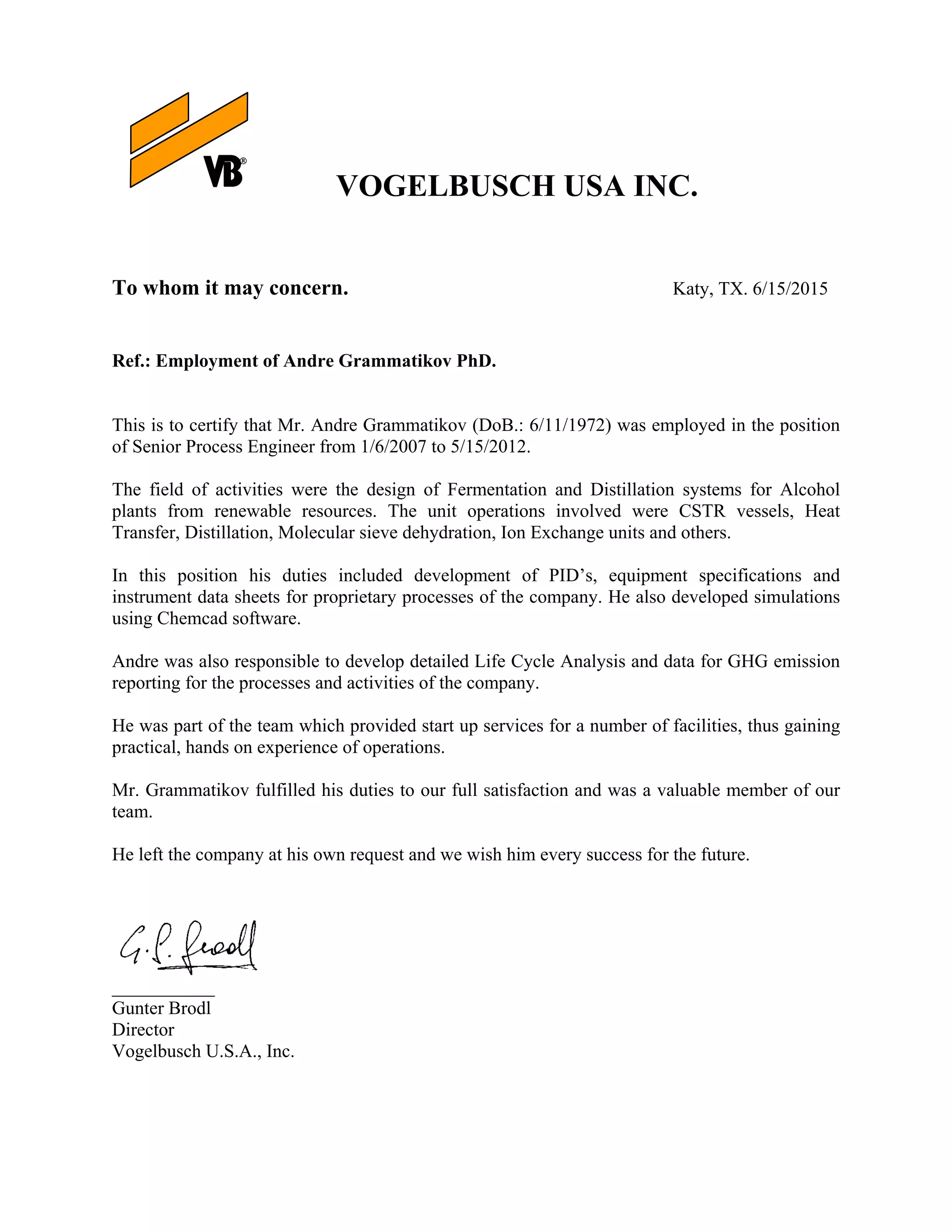 Andrew Grammatikov VOGELBUSCH USA Reference Letter | PDF