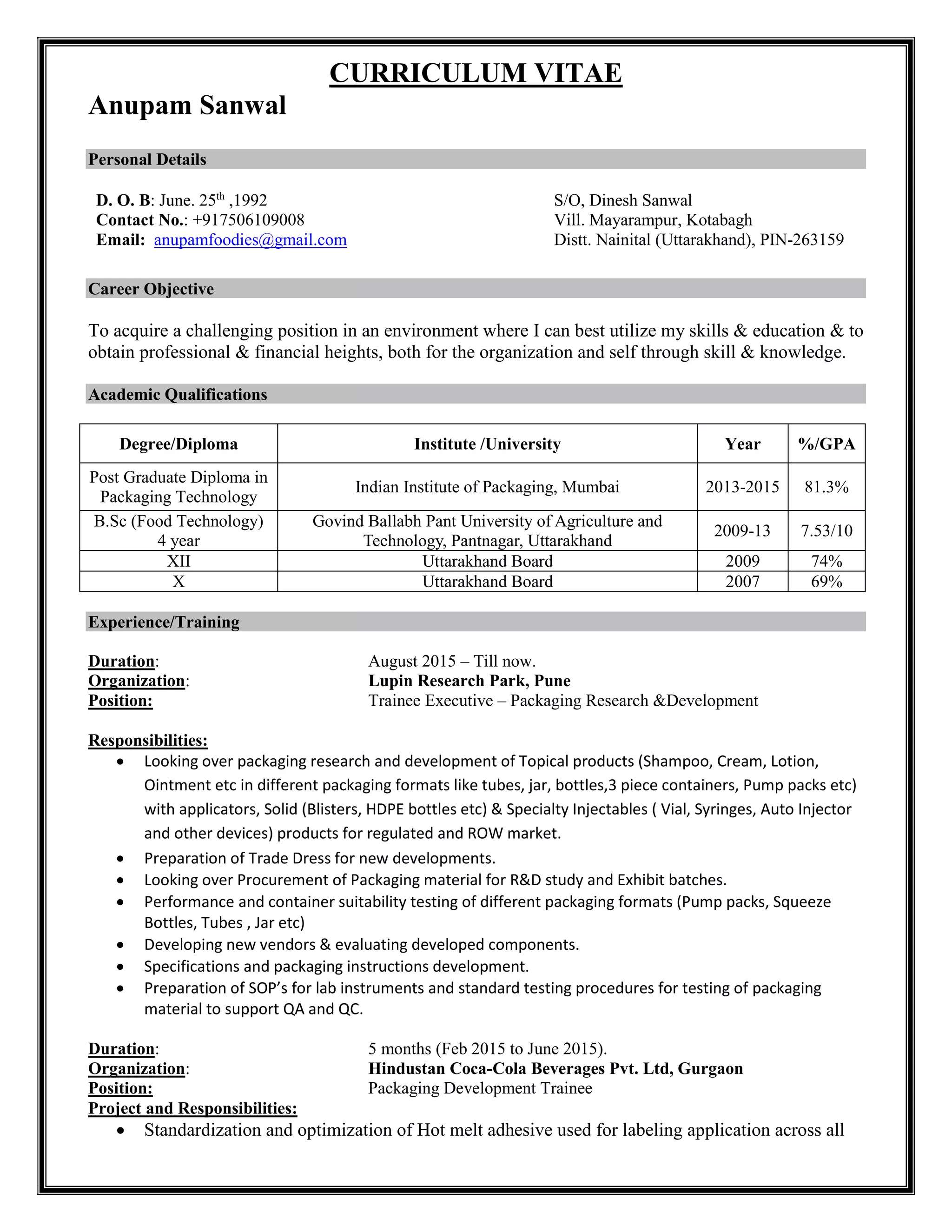 CV - Anupam Sanwal - Packaging technologist | PDF
