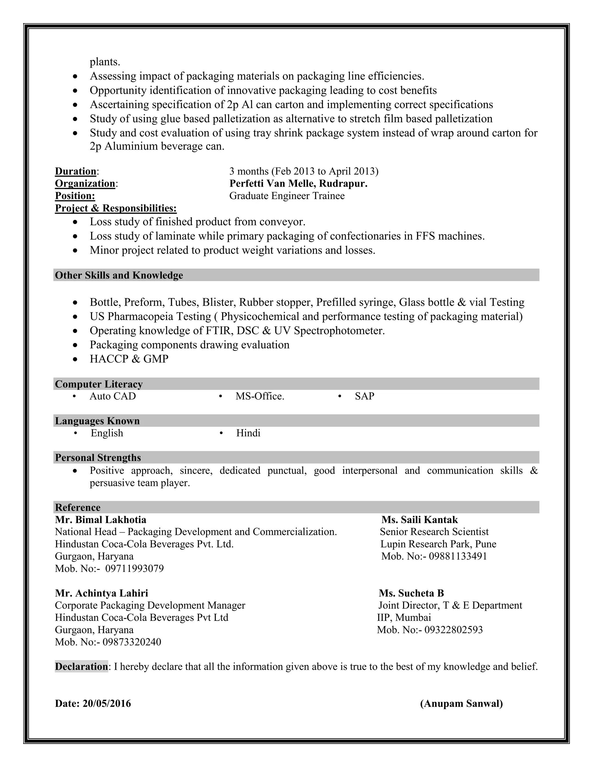CV - Anupam Sanwal - Packaging technologist | PDF