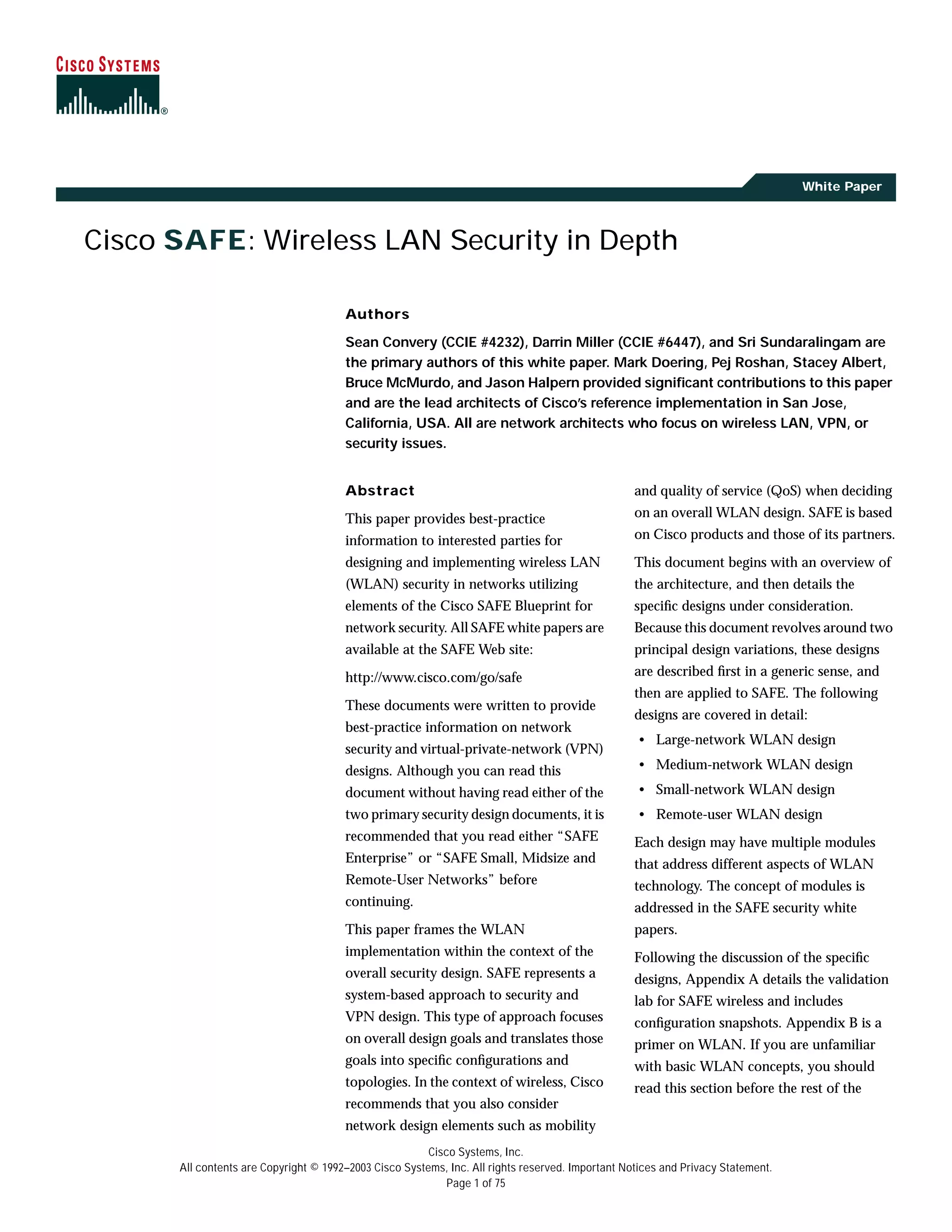 Cisco SAFE_Wireless LAN Security in Depth v2 | PDF