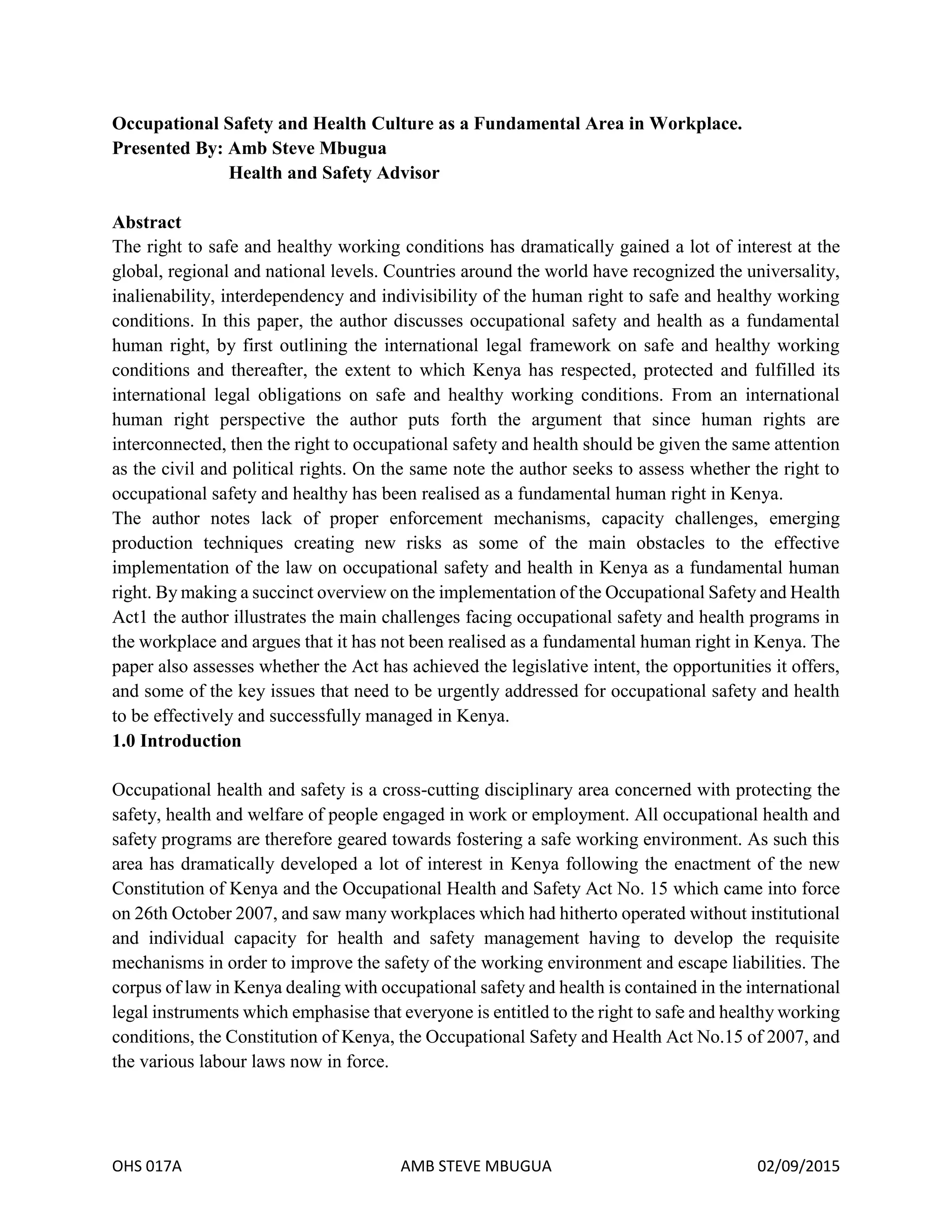 Occupational Safety and Health Culture as a Fundamental Area in ...